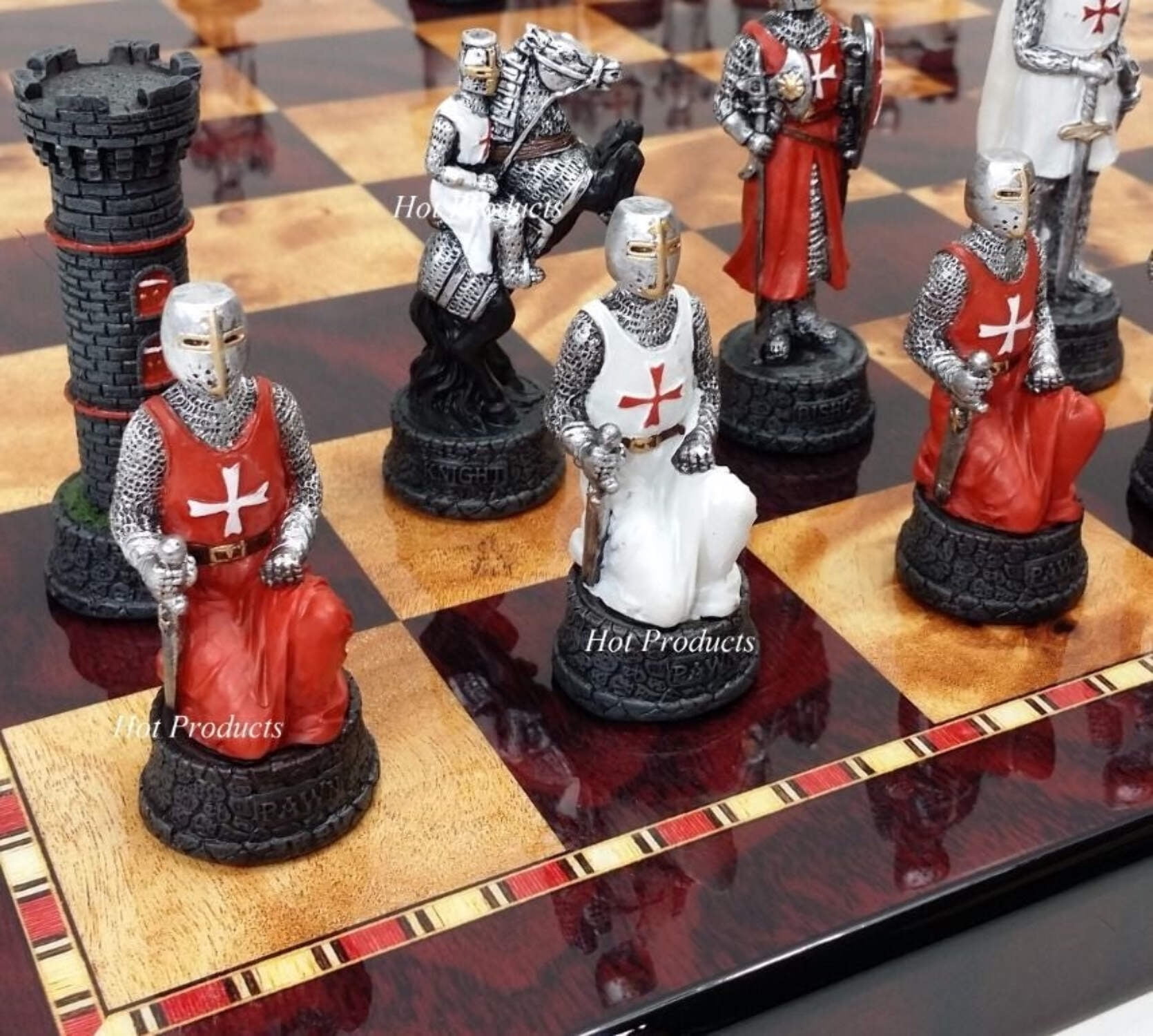 Medieval Times Crusade Blue White Maltese Knight Chess Set 18 Cherry ...