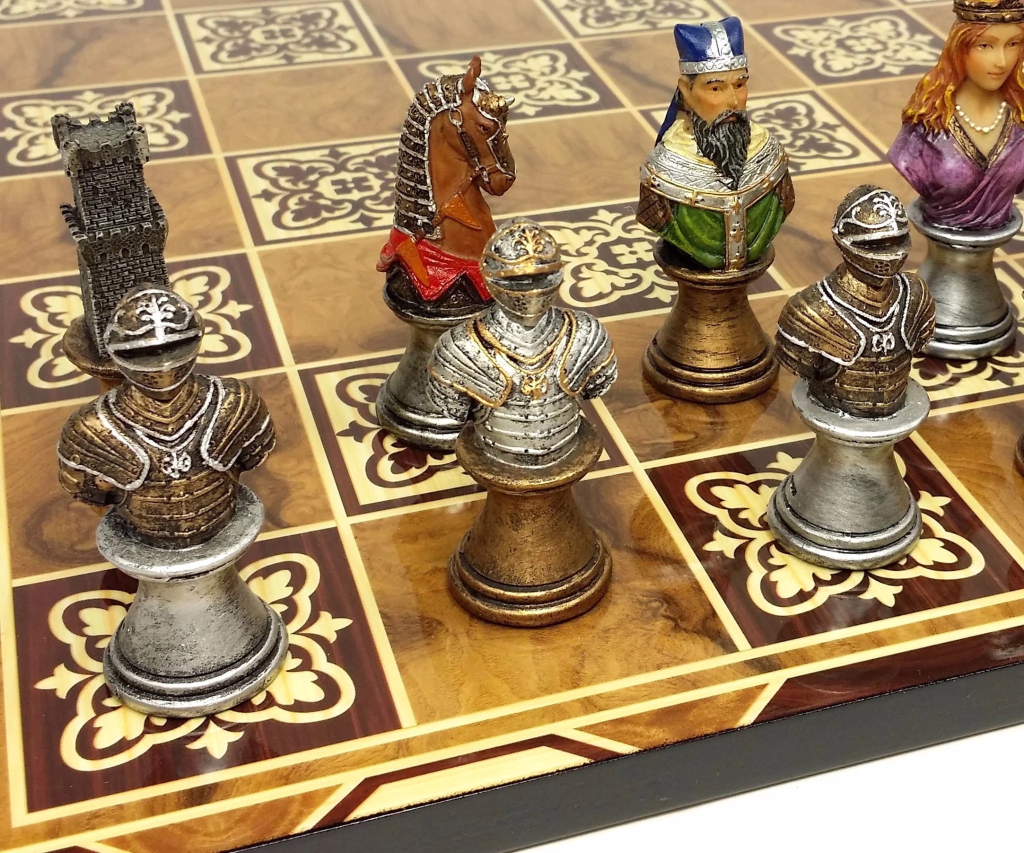 Medieval Times Crusade Painted Busts Knight Chess Set 17" Burlwood ...
