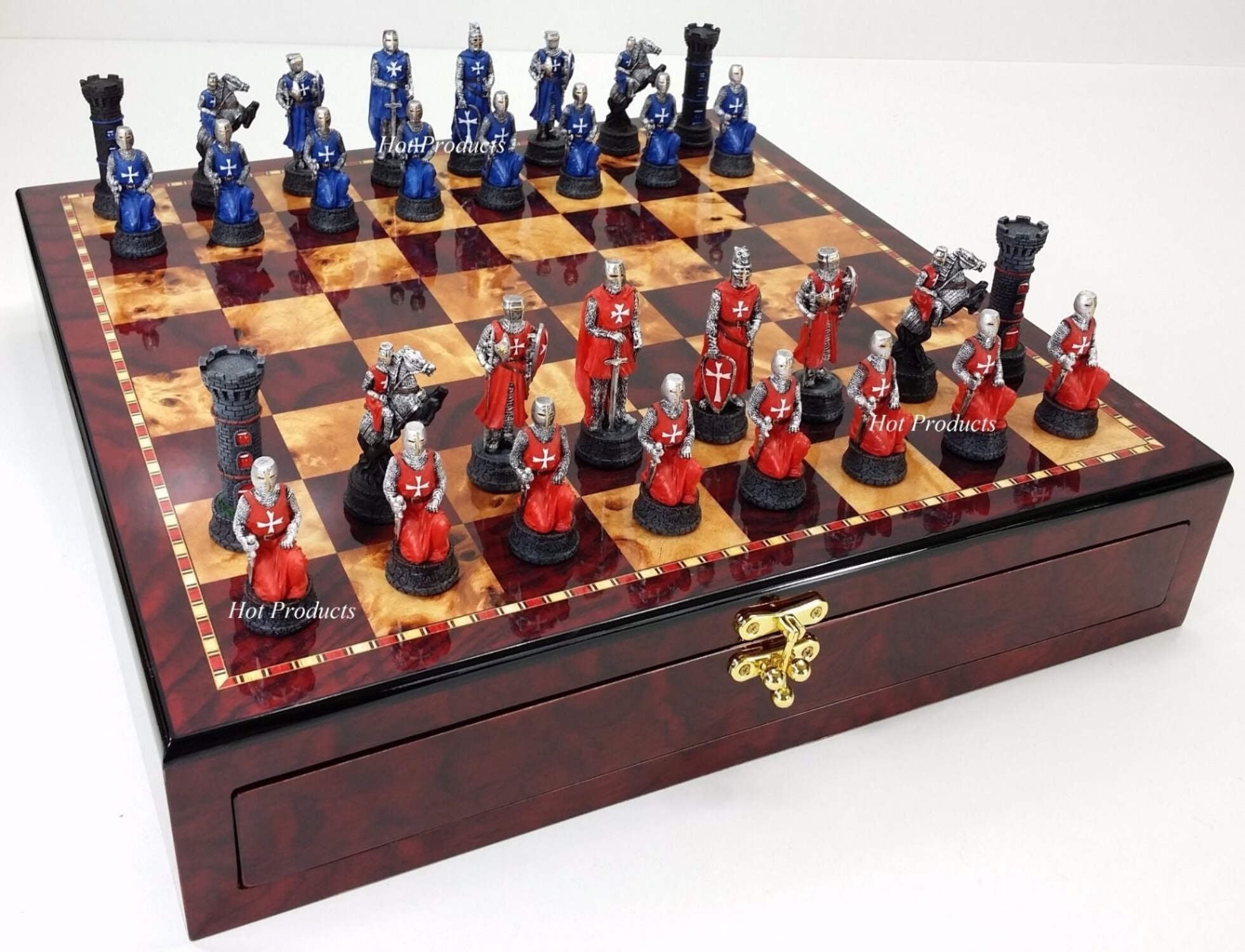 Medieval Times Crusade Red Blue Maltese Chess Set 17" Cherry Color ...