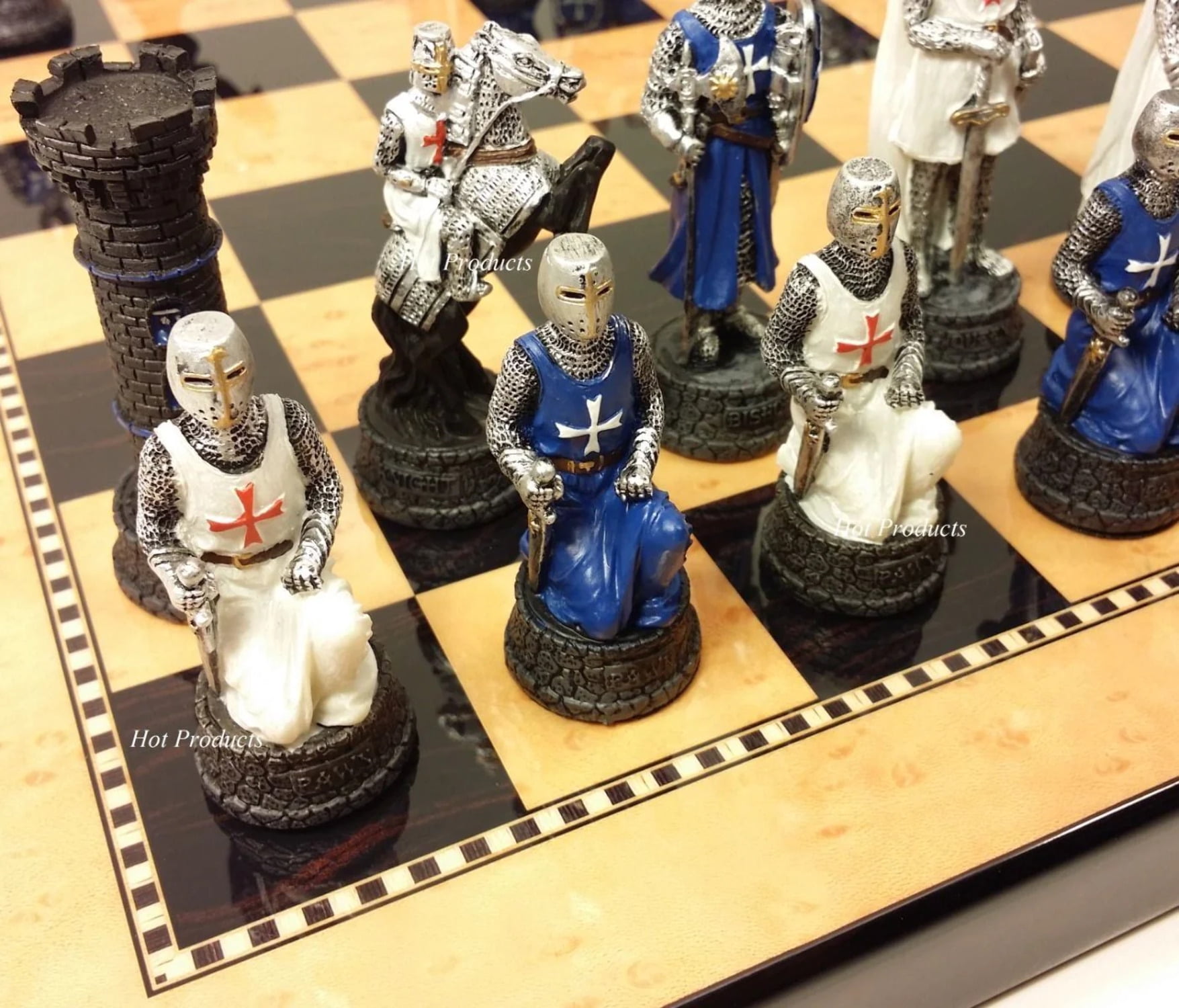 Medieval Times Crusades BLUE WHITE Maltese Knight Chess Set 15" Walnut ...