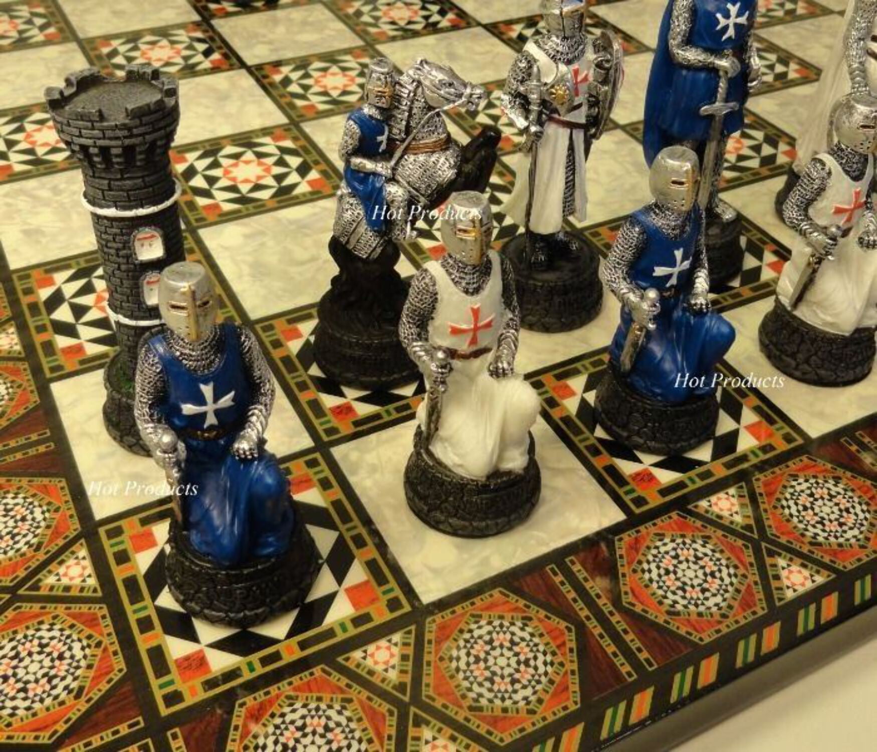 Medieval Times Crusades Blue White Maltese Knight Chess Set 17" Mosaic ...