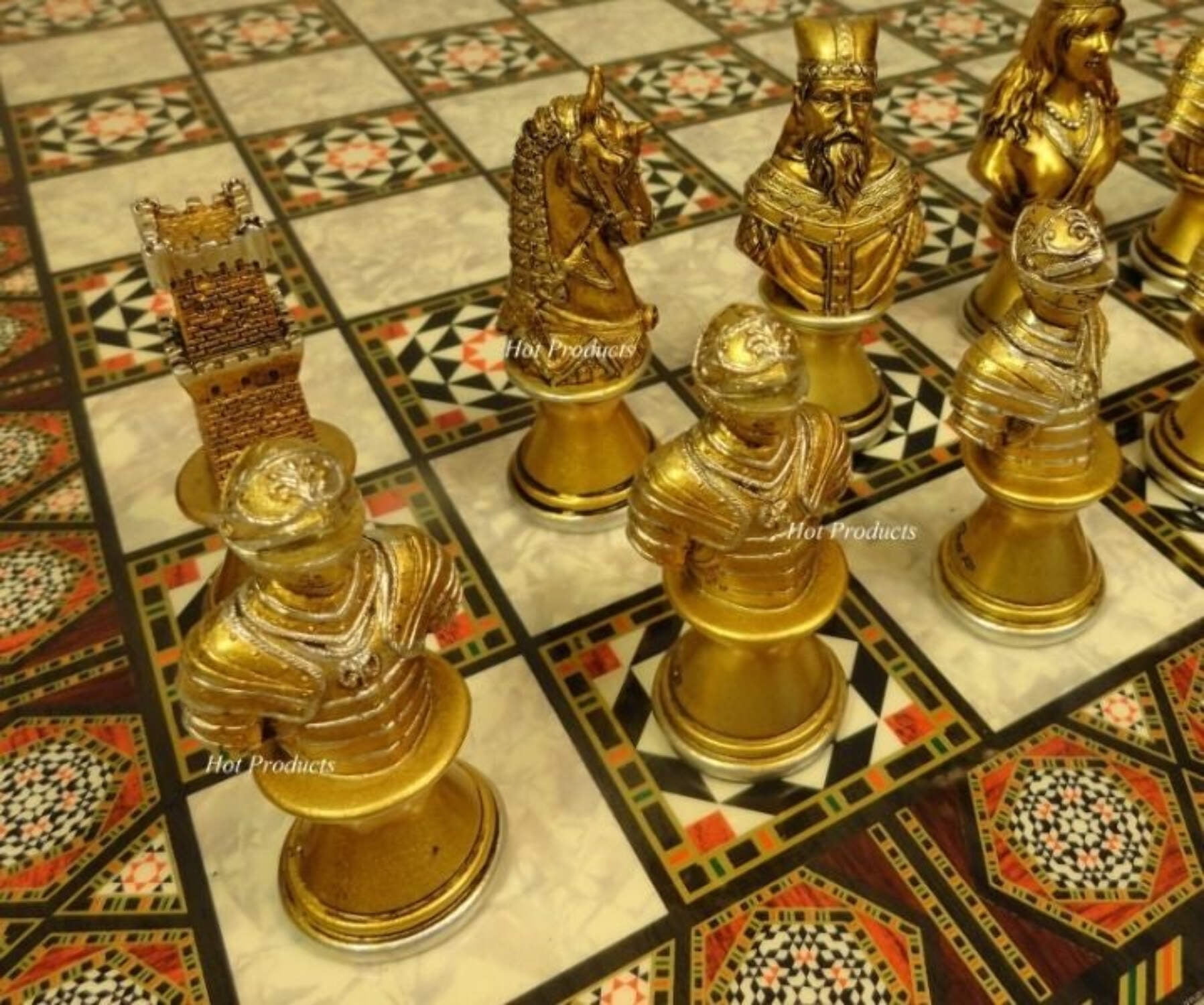 Medieval Times Crusades Busts Gold Silver Chess Set W/ 17" Mosaic Color ...