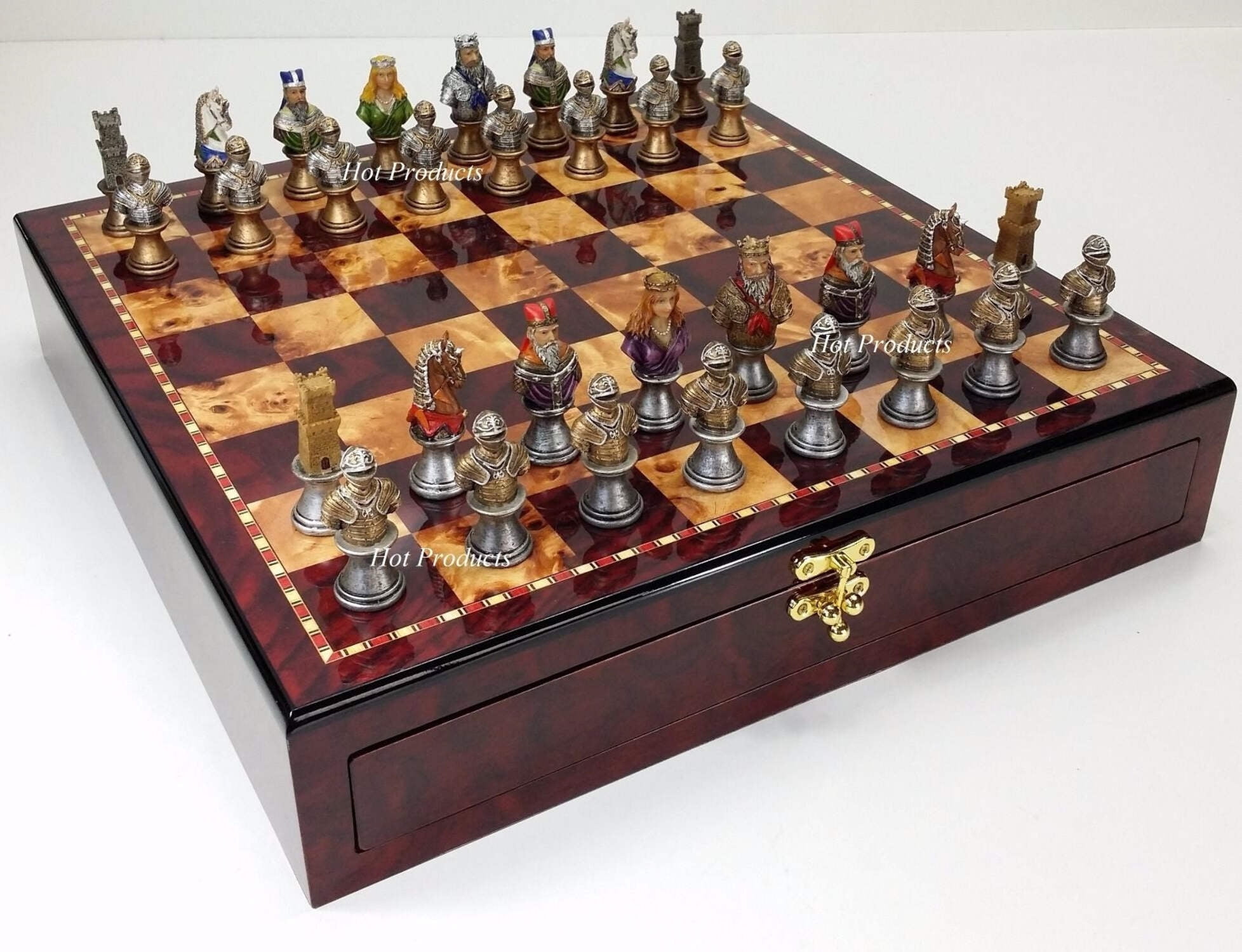 Medieval Times Crusades Busts PAINTED Chess Set W Cherry Color Storage ...