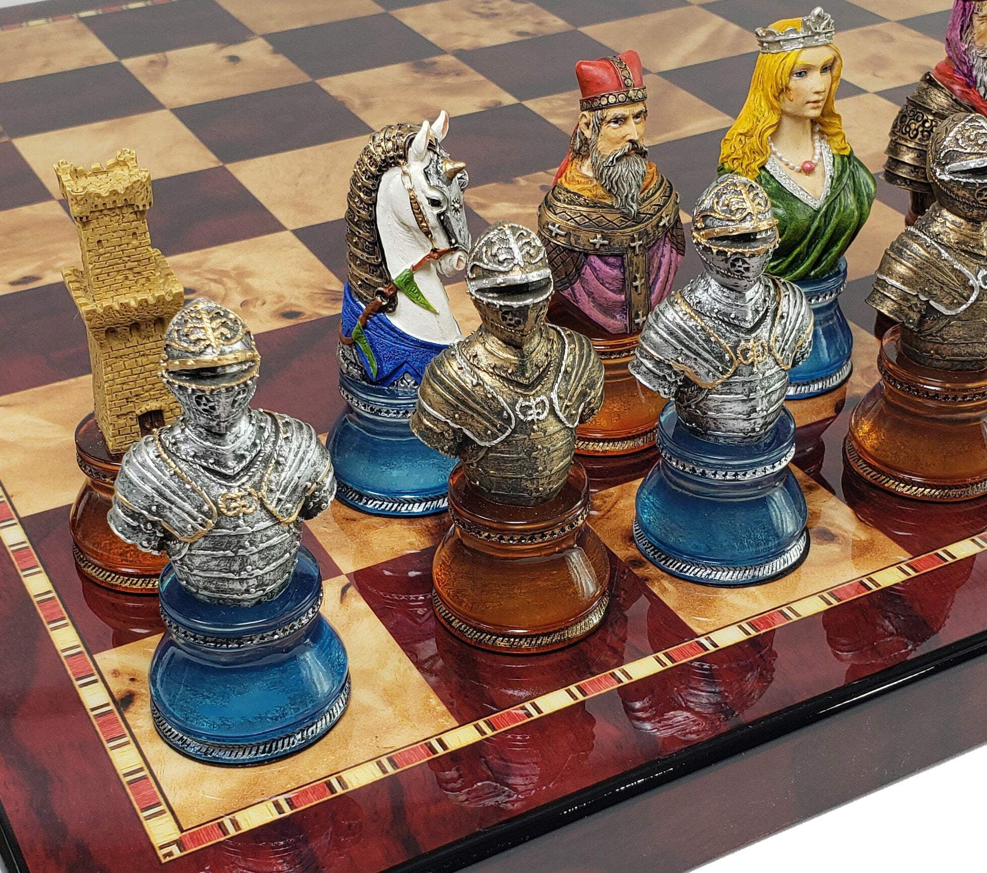 Medieval Times Crusades LARGE Red Blue Busts CHESS SET 18" Cherry Color ...