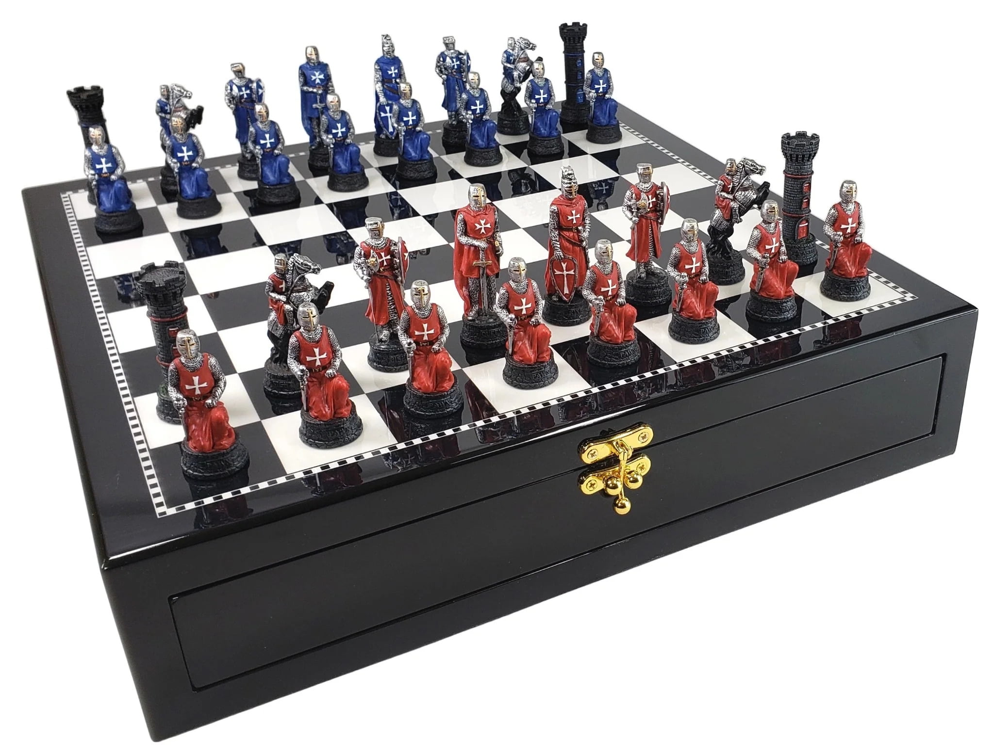 Medieval Times Crusades RED BLUE MALTESE Chess Set Black White Storage ...