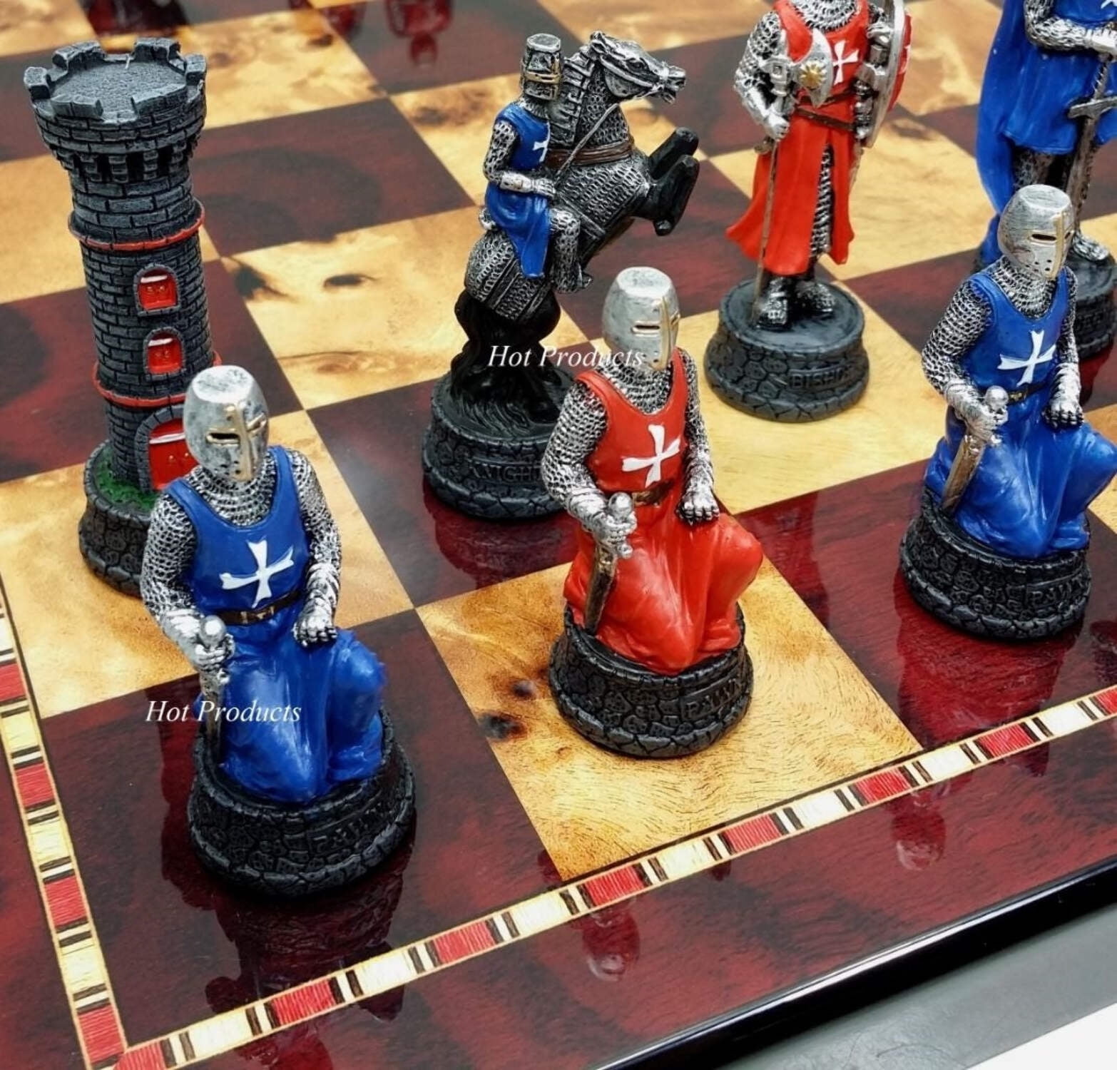Medieval Times Crusades RED BLUE Maltese Knight Chess Set 18" Cherry ...