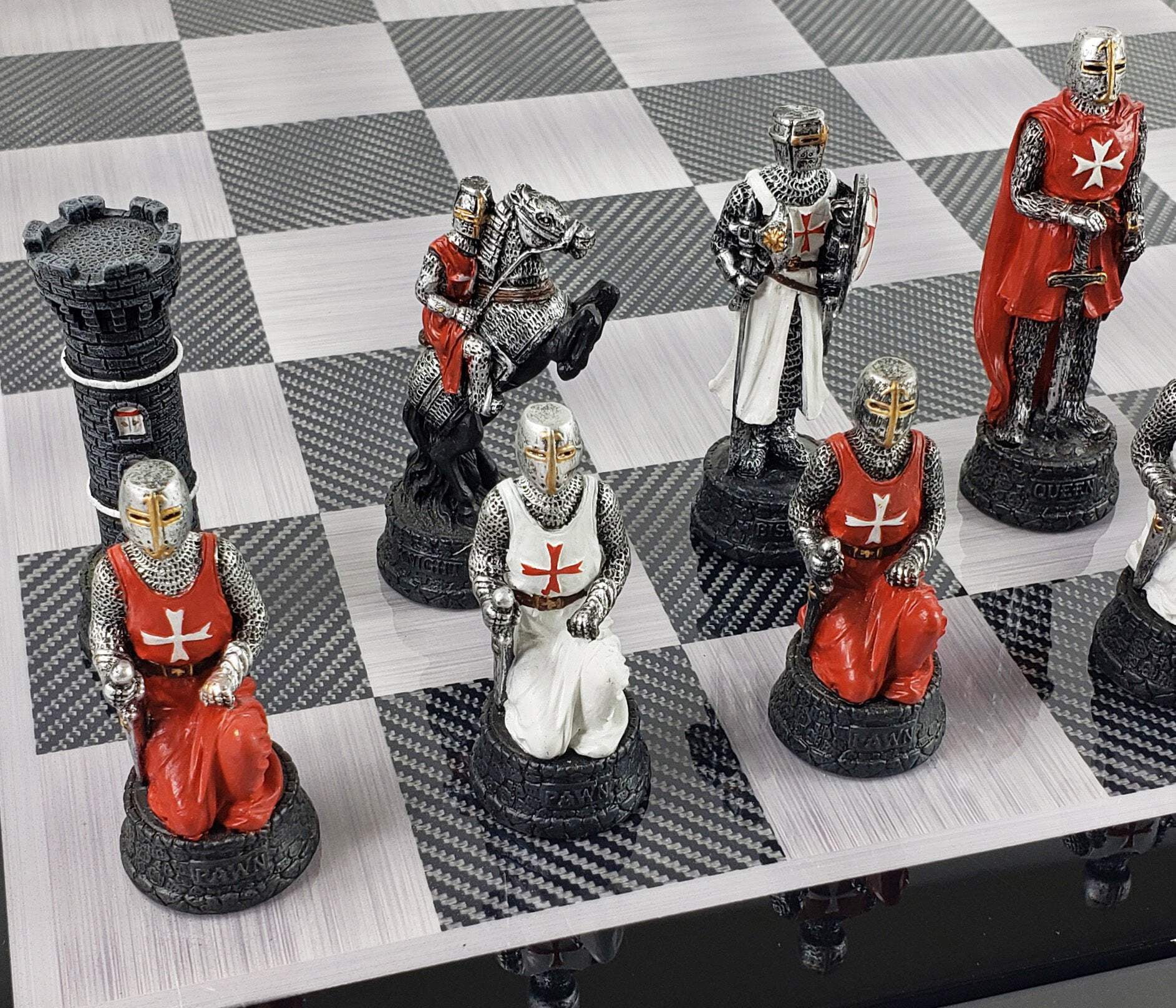 Medieval Times Crusades RED WHITE Maltese Chess Set Black Carbon Fiber ...