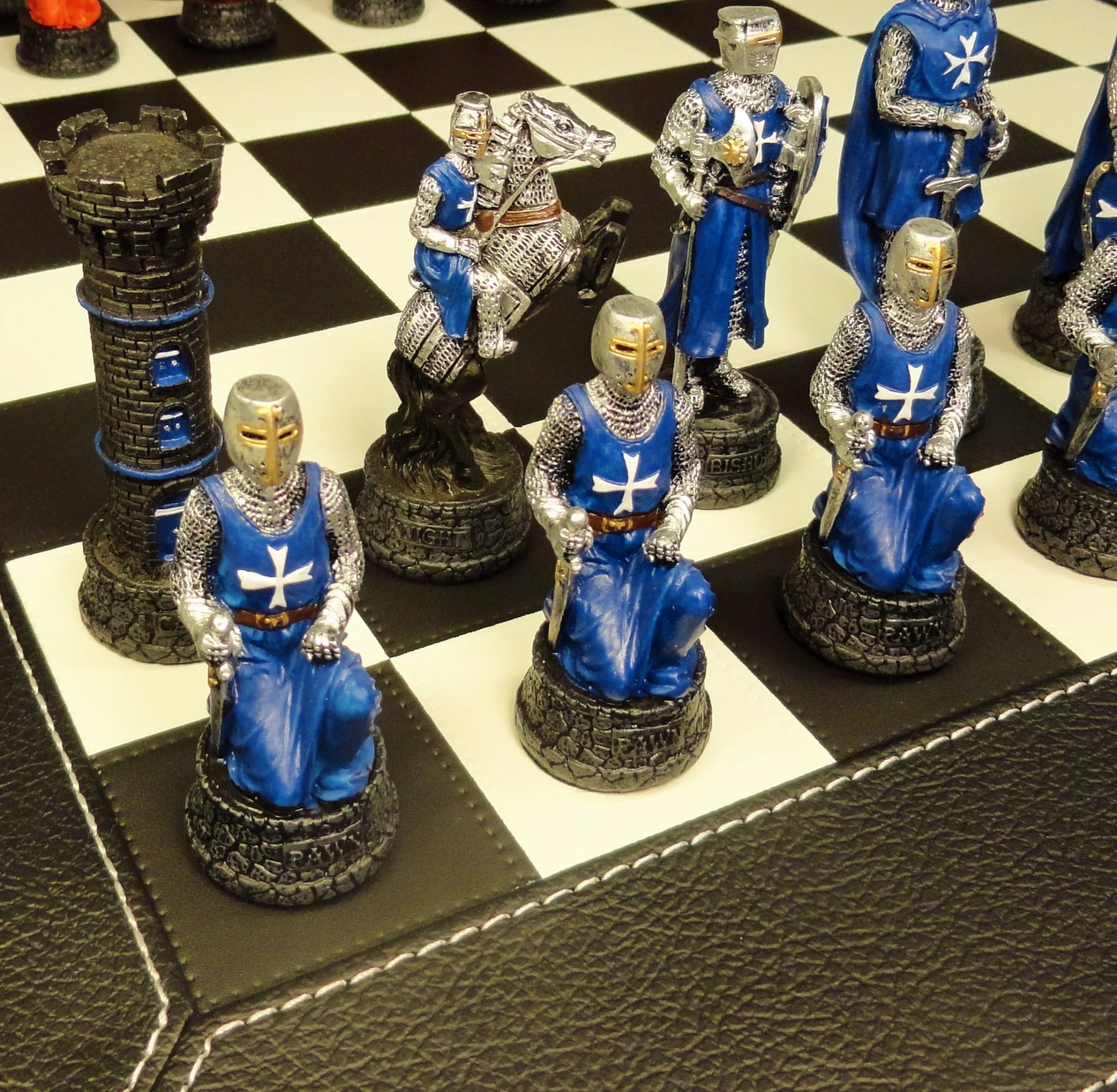 Medieval Times Crusades Red Blue Maltese Chess Set Black Faux Leather ...