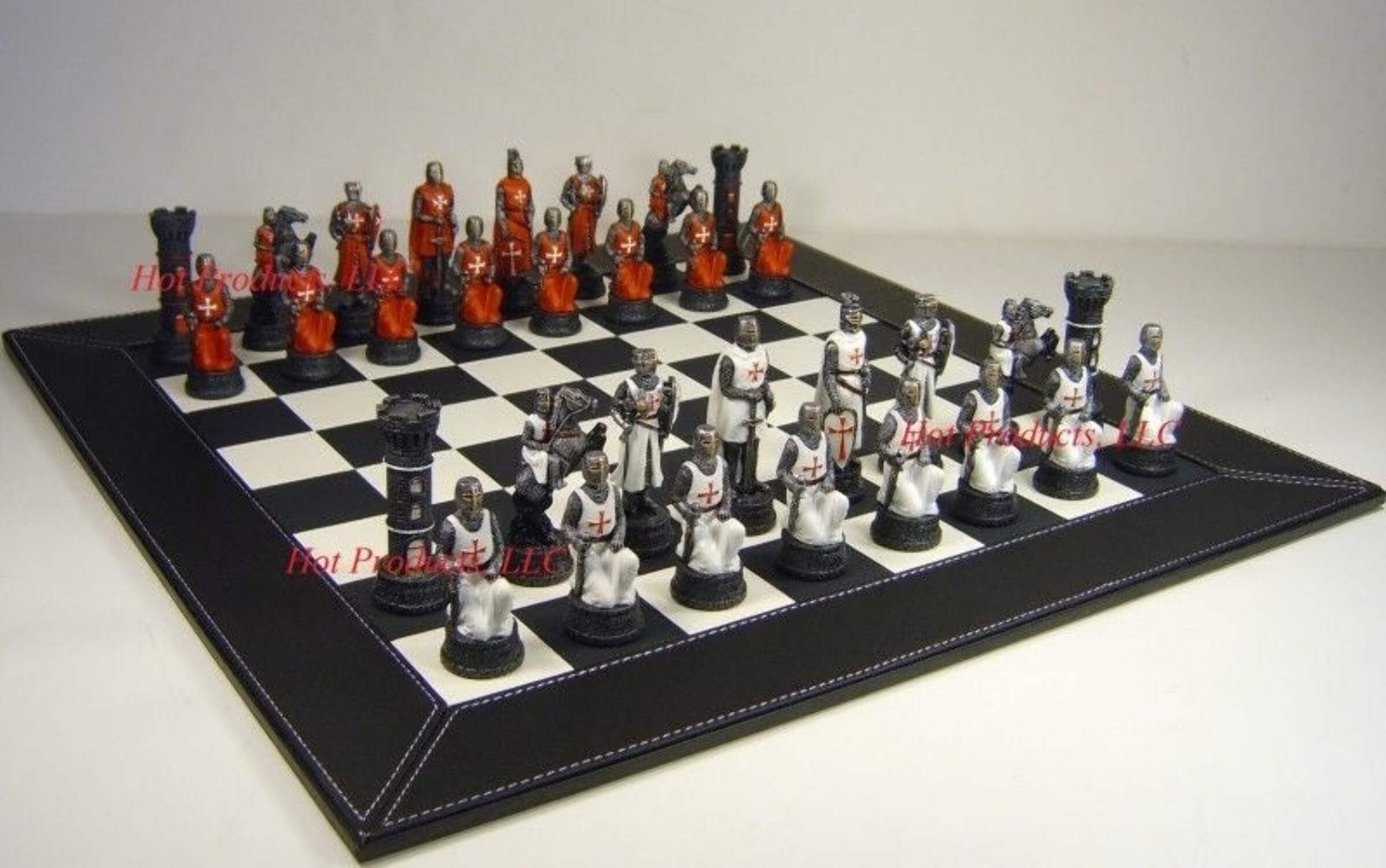 Medieval Times Crusades Red White Maltese Chess Set Black Faux Leather ...