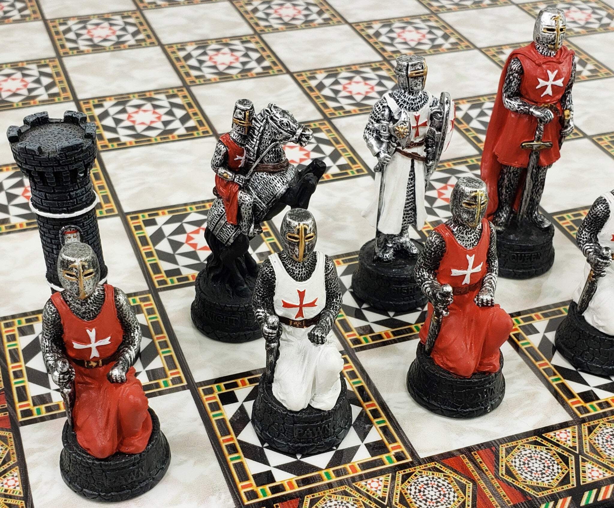 Medieval Times Crusades Red White Maltese Knight Chess Set 17" Mosaic ...