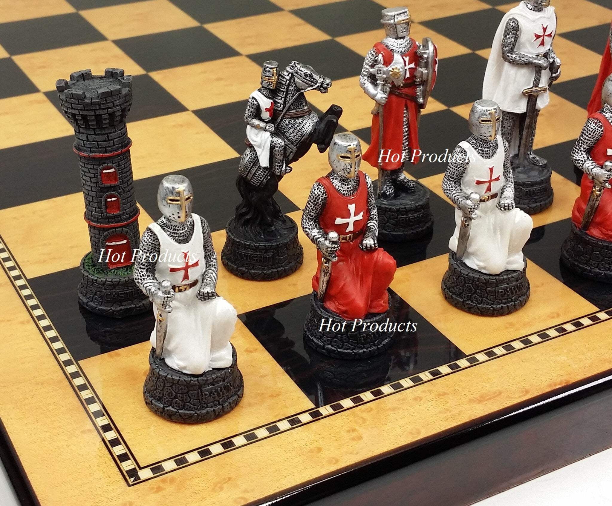 Medieval Times Crusades WARRIOR Red White Chess Set W/ 18" Walnut COLOR ...
