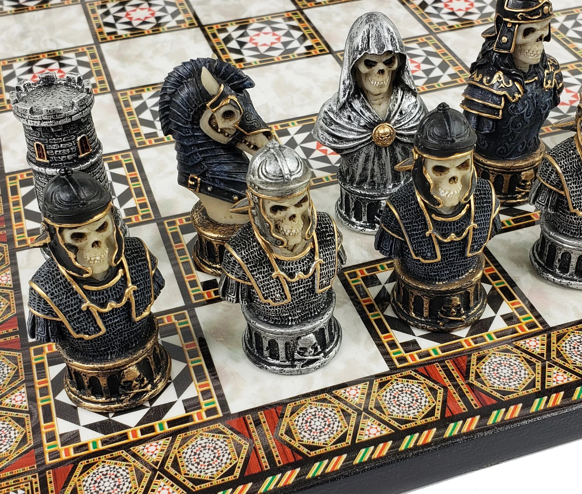 Medieval Times Gothic Skeleton Busts Chess Set W 17" Mosaic Color Board ...