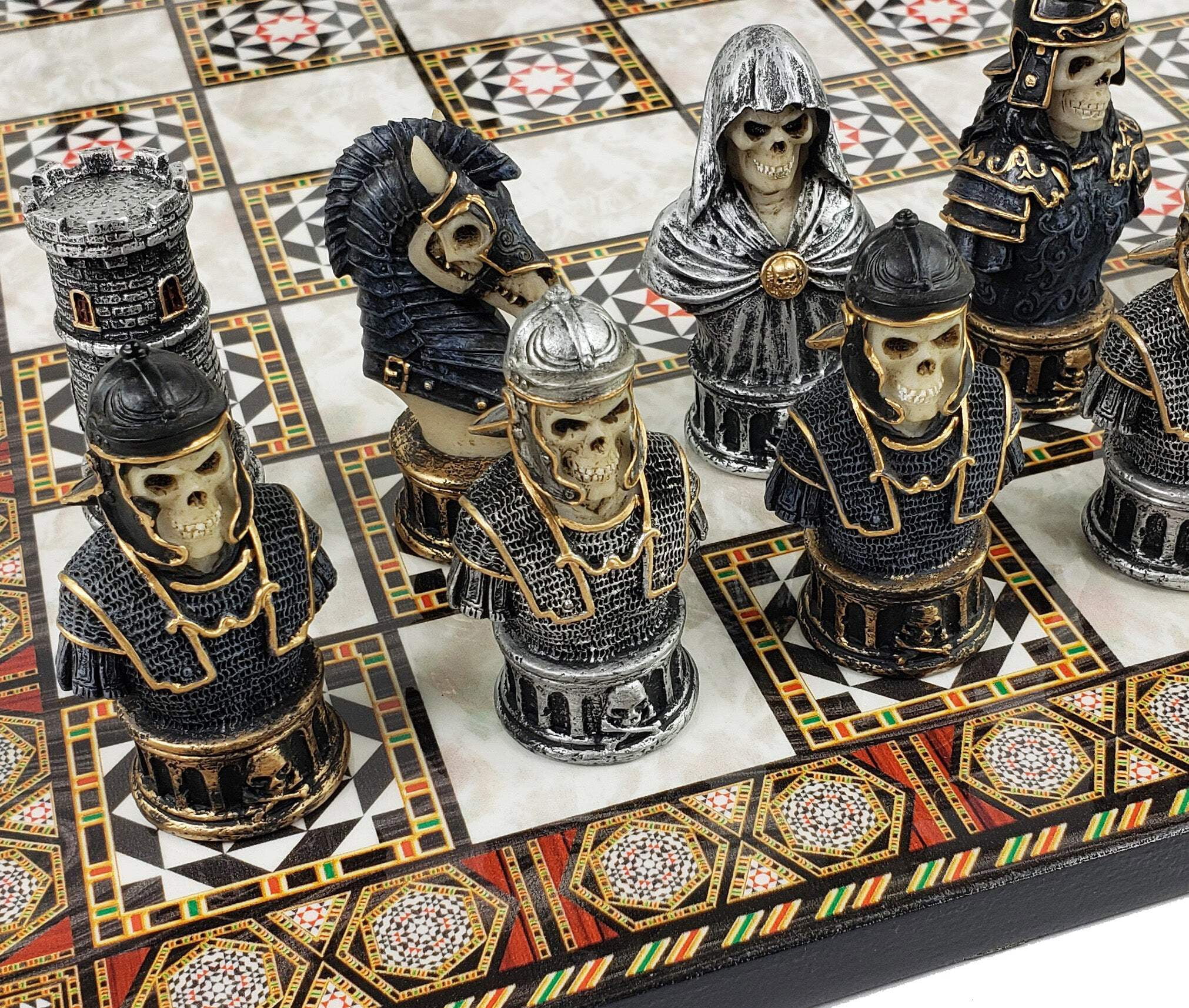Medieval Times Gothic Skeleton Busts Chess Set W 17" Mosaic Color Board ...