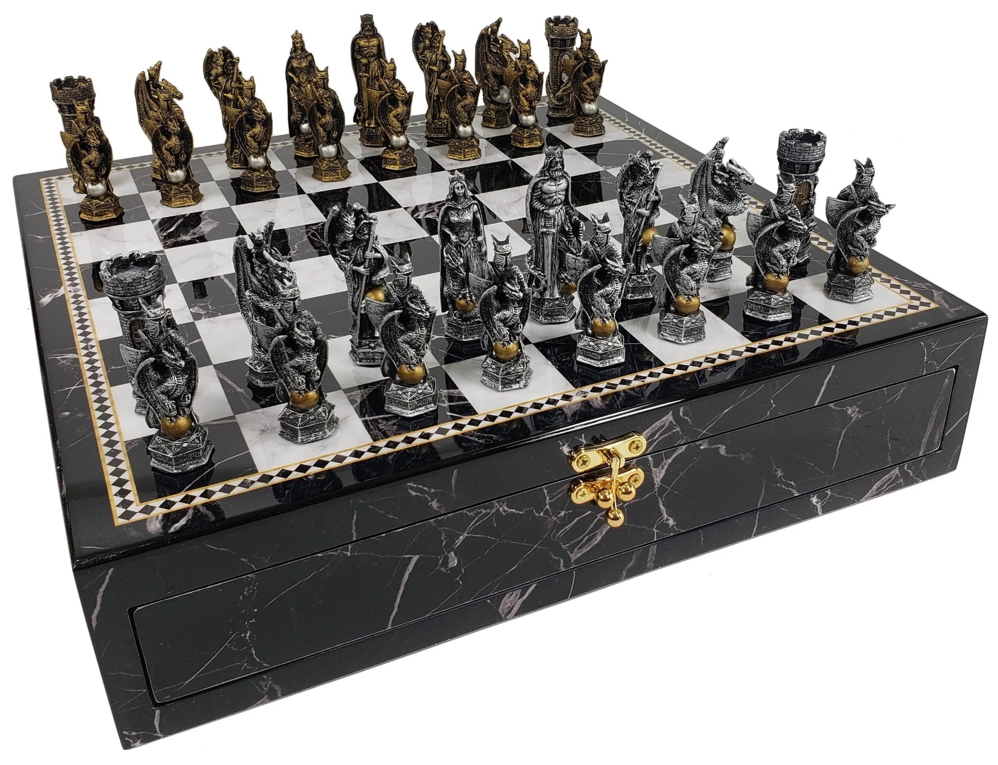 Medieval Times King Arthur Dragon Fantasy Chess Set Faux Marble Storage ...