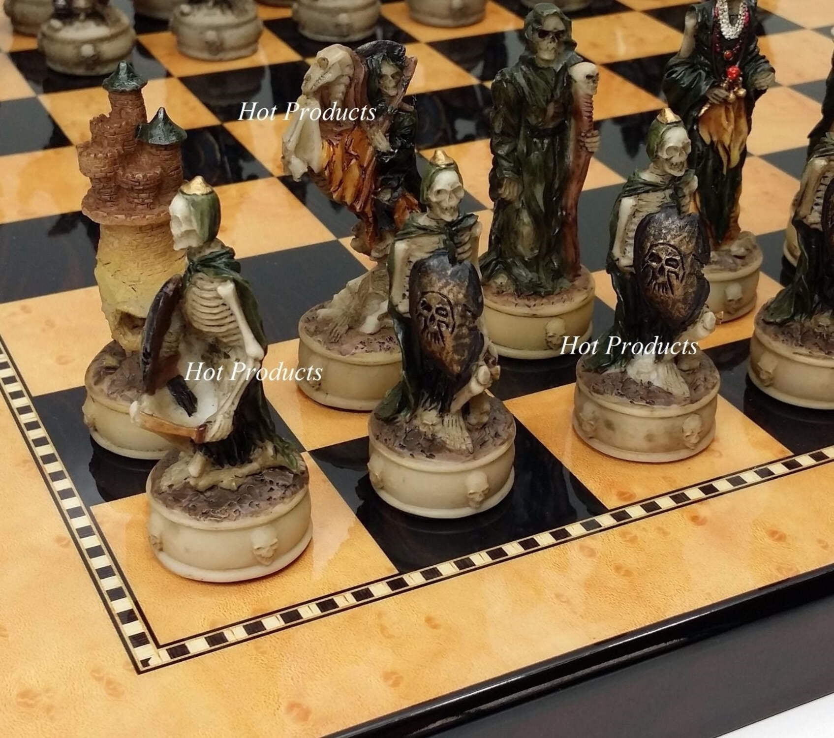 Medieval Times Skeleton Slayer Gothic Skull Chess Set 15" Walnut Color ...
