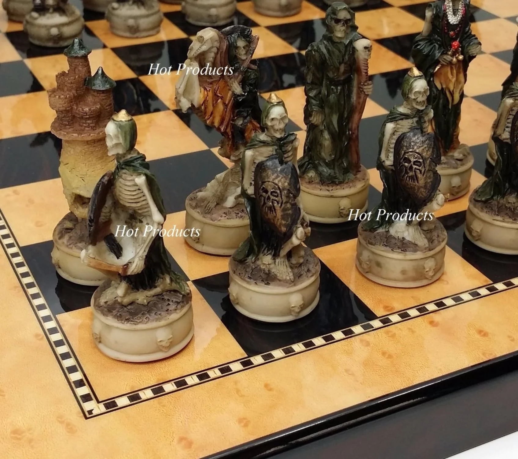 Medieval Times Skeleton Slayer Gothic Skull Chess Set 15" Walnut Color ...