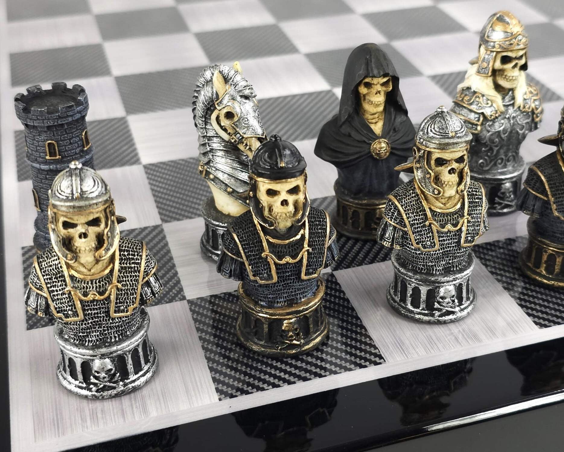 Medieval Times Skull Busts Gothic Chess Set W 18" Black Carbon Fiber ...