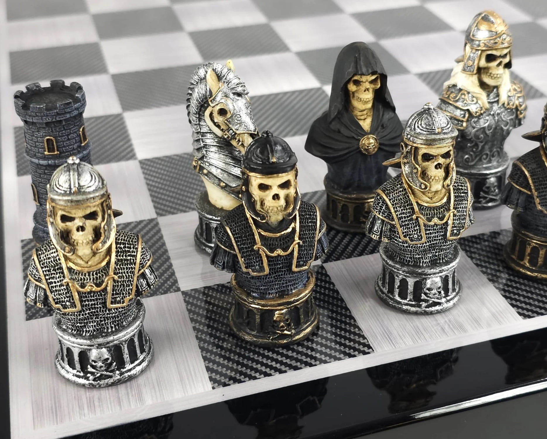 Medieval Times Skull Busts Gothic Chess Set W 18" Black Carbon Fiber ...