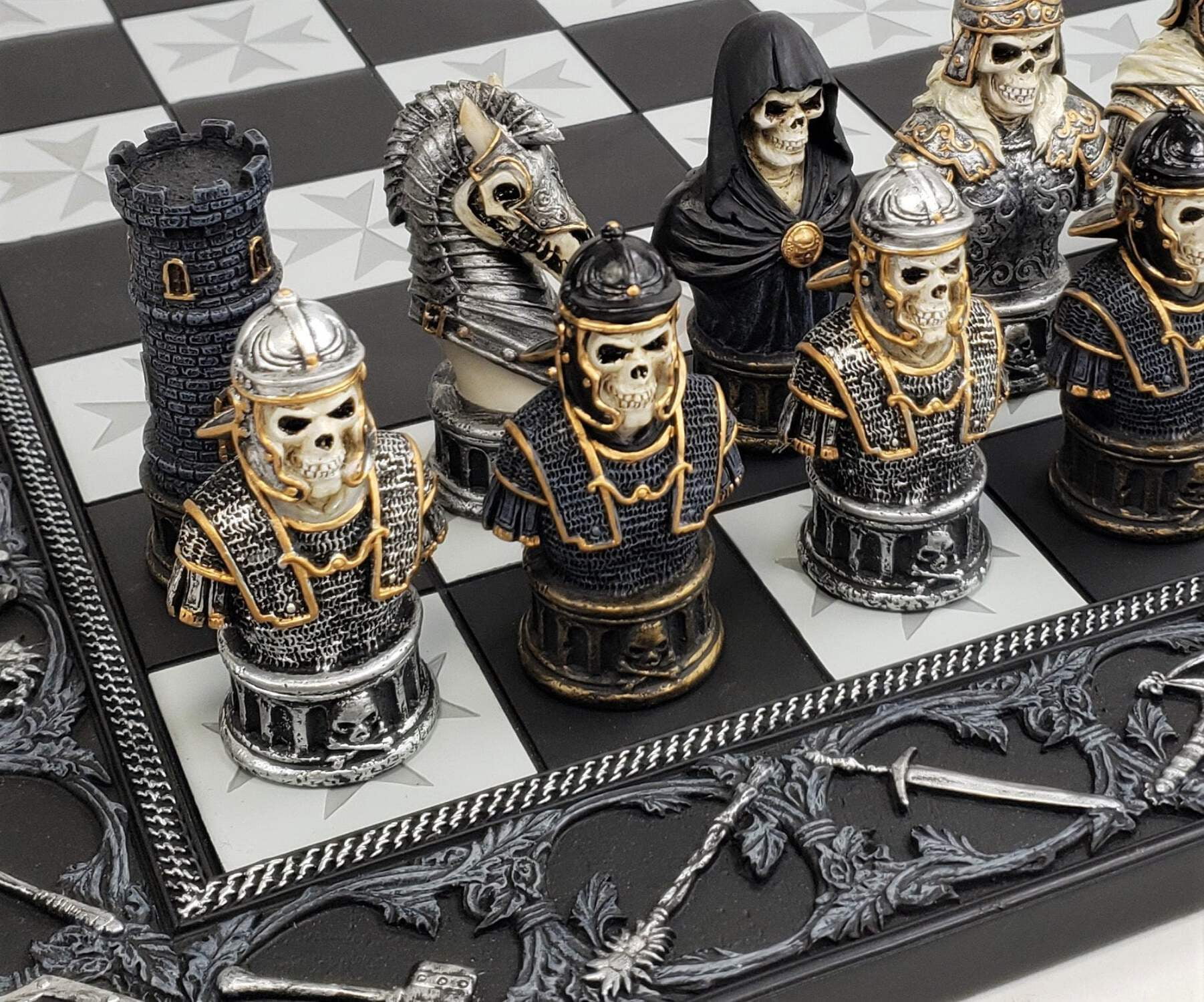 Medieval Times Skull Busts Gothic Fantasy Knights Chess Set 17" Maltese ...