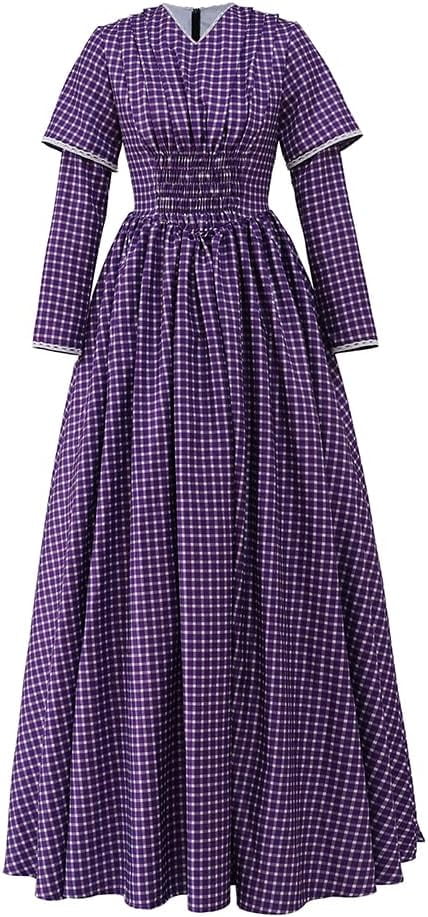 Medieval Victorian Dress Women Civil War Pioneer Purple Plaid Dress ...