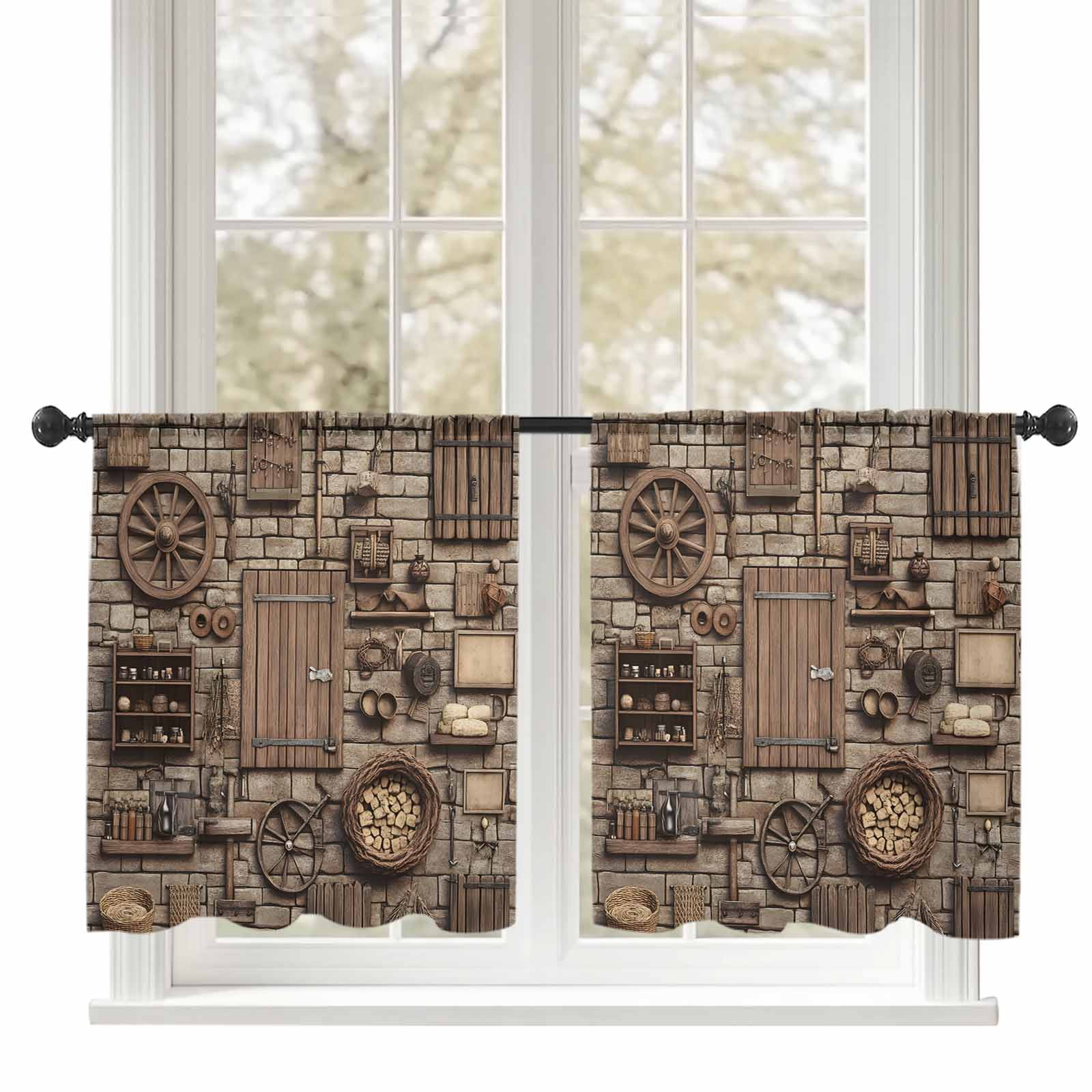 Medieval Vintage Sheer Curtains 45 inches Long, Kitchen Brick Wall ...