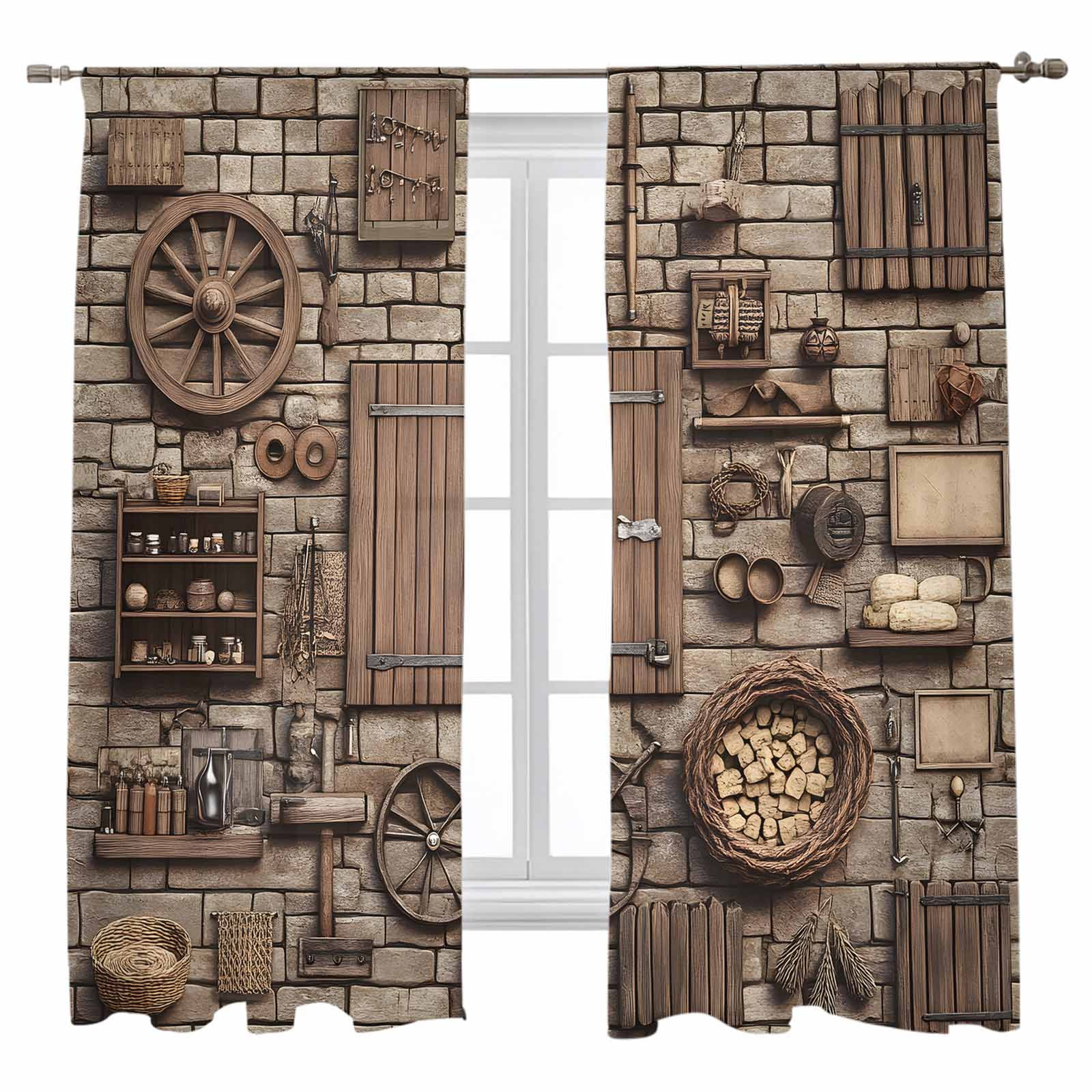 Medieval Vintage Sheer Curtains 72 inches Long, Kitchen Brick Wall ...