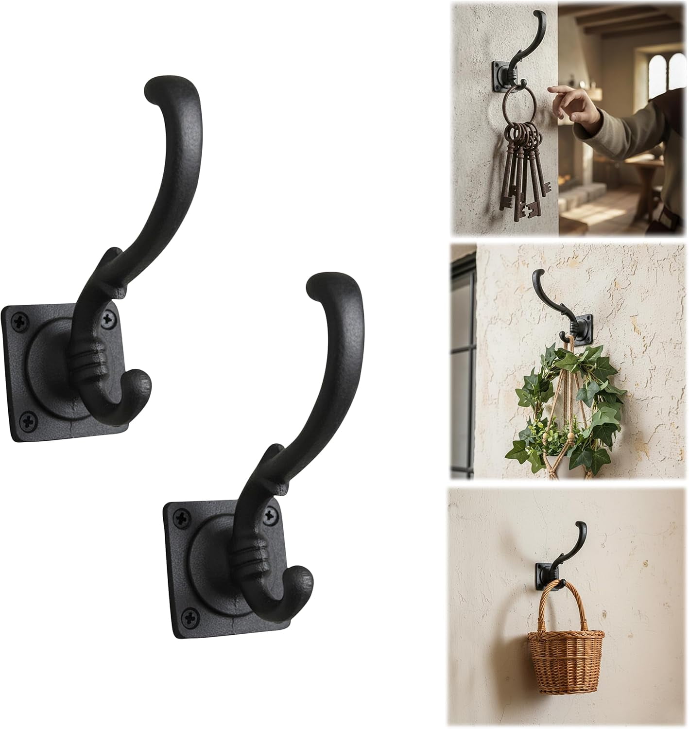 Medieval Wall Hooks Hand-Forged (Set of 2) Black Coated | Rustic Heavy ...