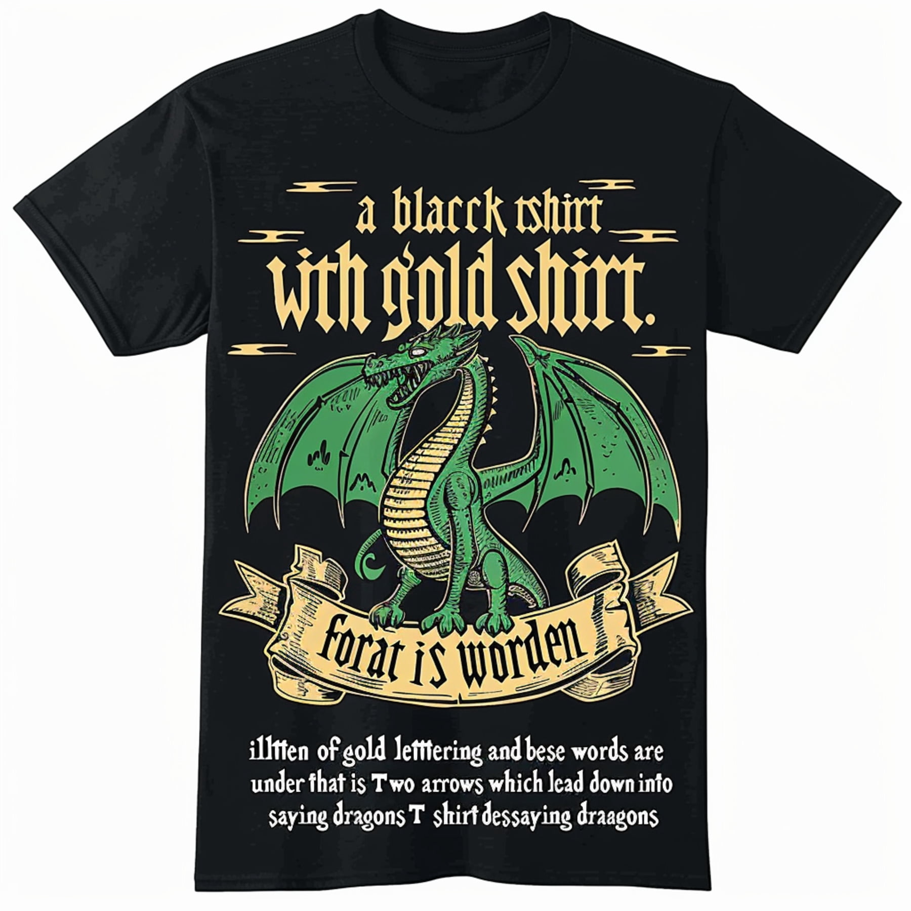 Medieval themed black t shirt with gold lettering green dragon ...