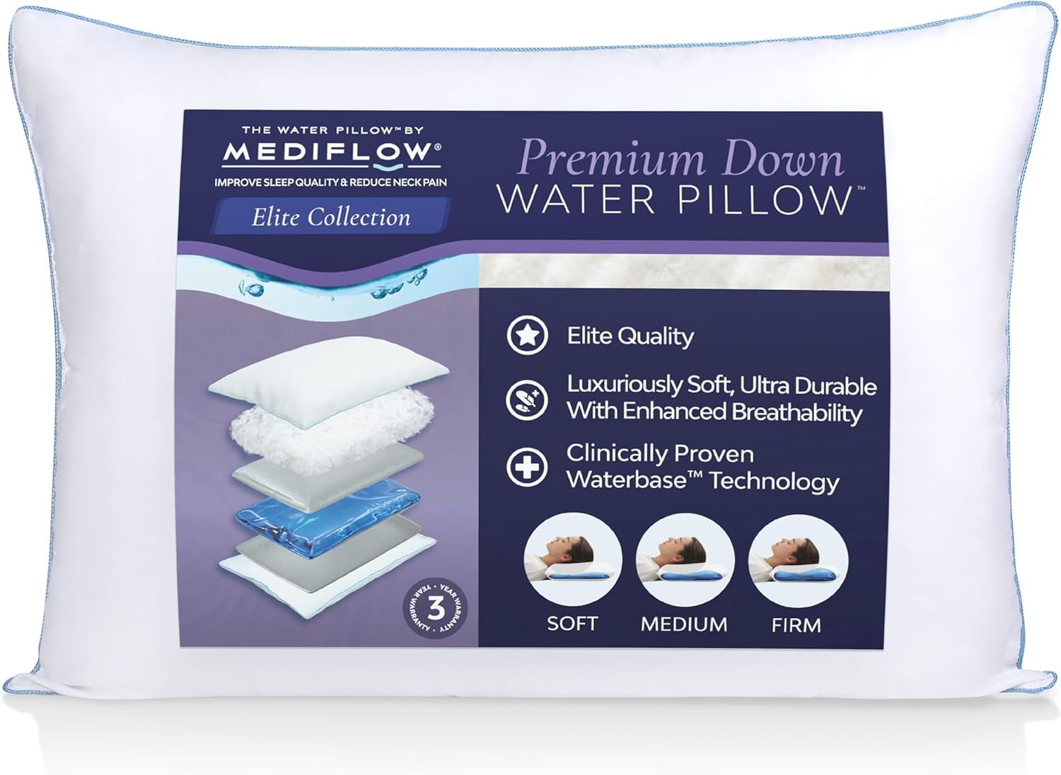 Mediflow Elite Down Water Pillow - 90% Down Fill, Adjustable Pillow for ...