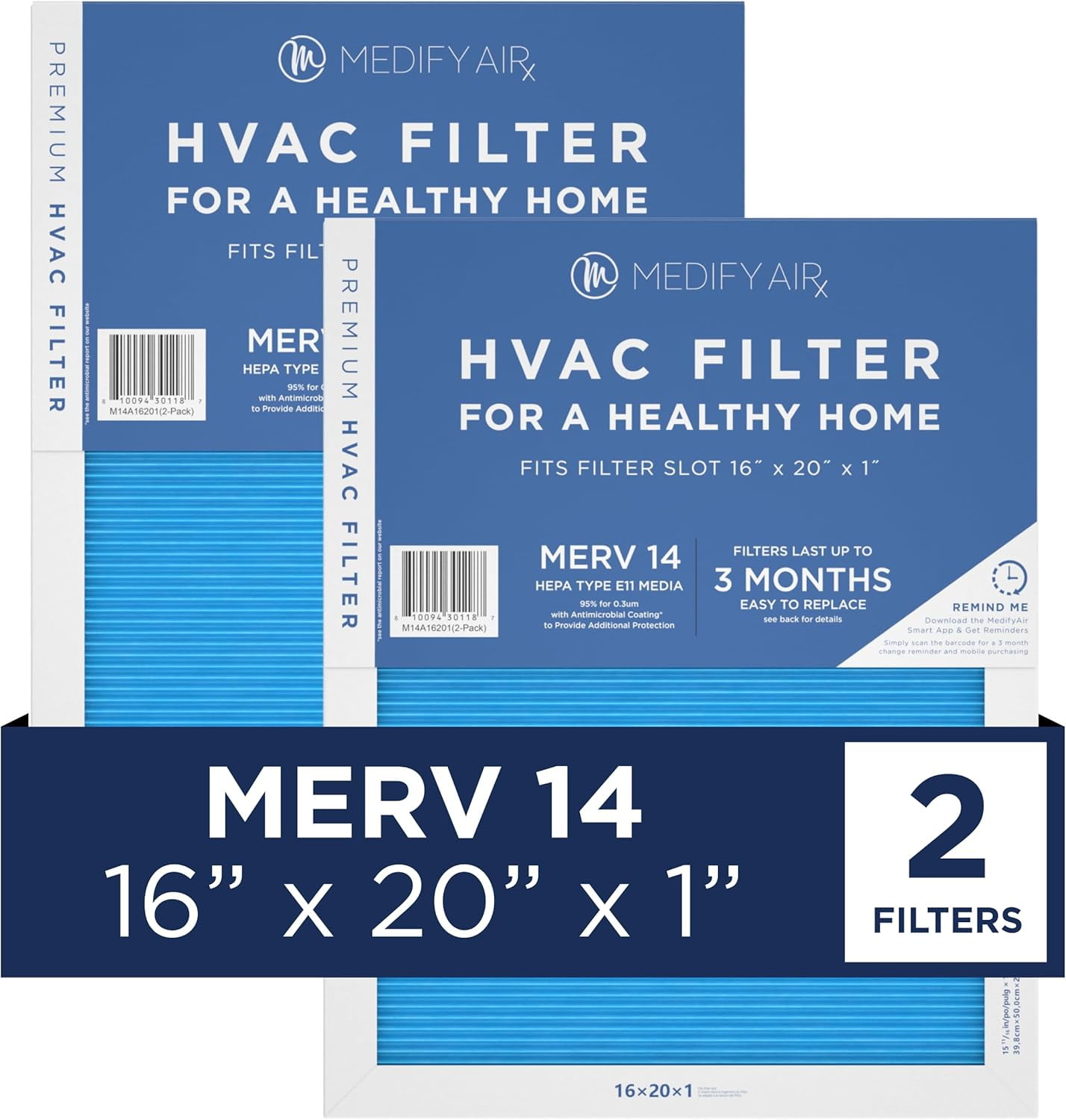 Medify Air 16x20x1 Air Filter, MERV 14 Pleated with HEPA, HVAC Furnace ...