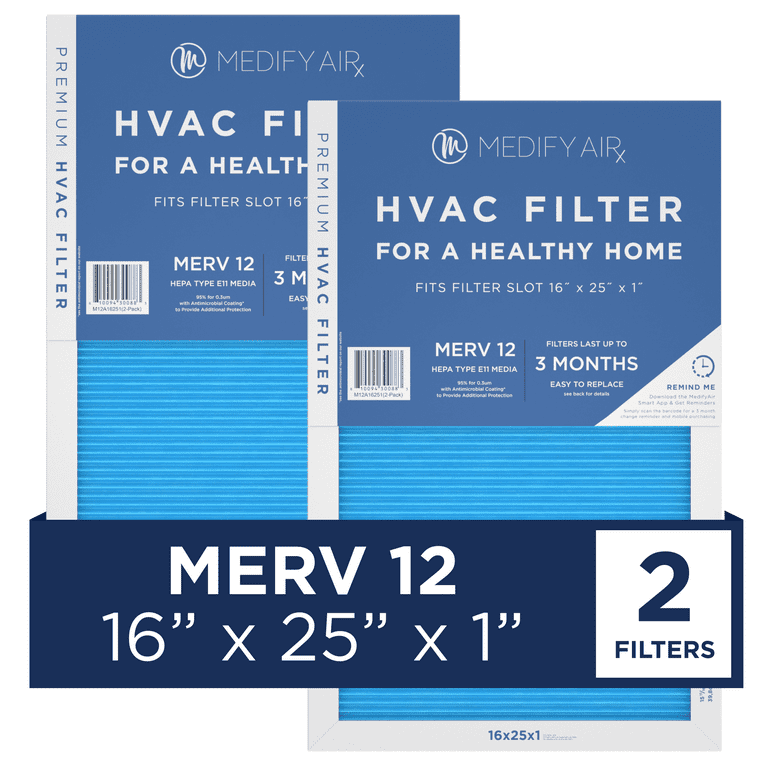Medify Air 16x25x1 Air Filter MERV 12 Pleated with HEPA HVAC Furnace Filter 2 Pack