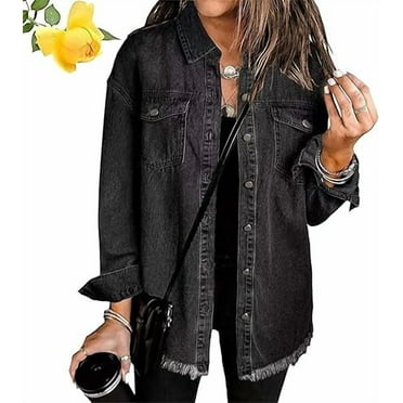 Domuza Womens Denim Jacket Oversized Casual Long Sleeves Distressed ...