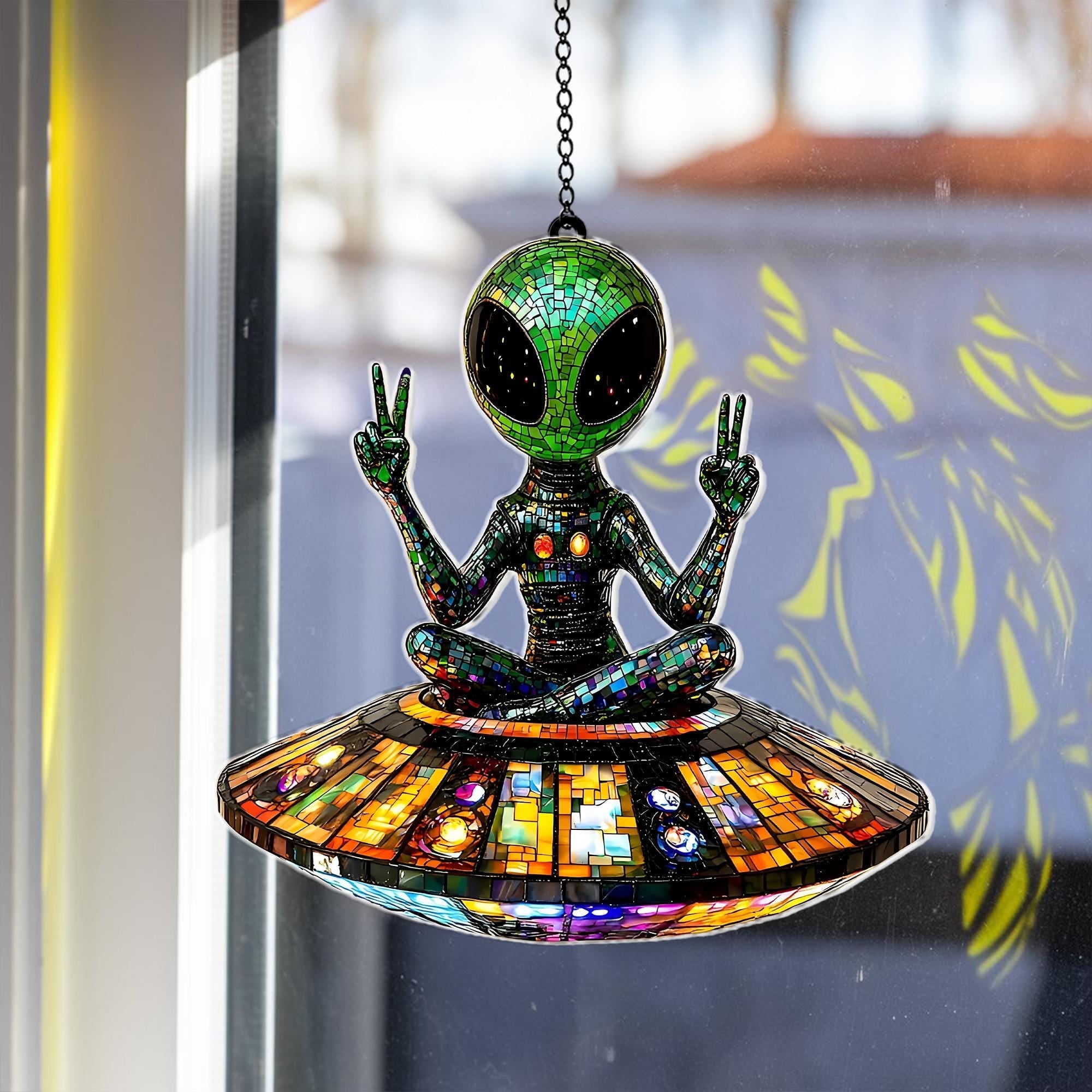 Meditating Alien Yoga Stained Glass Suncatcher, Futuristic Galactic ...