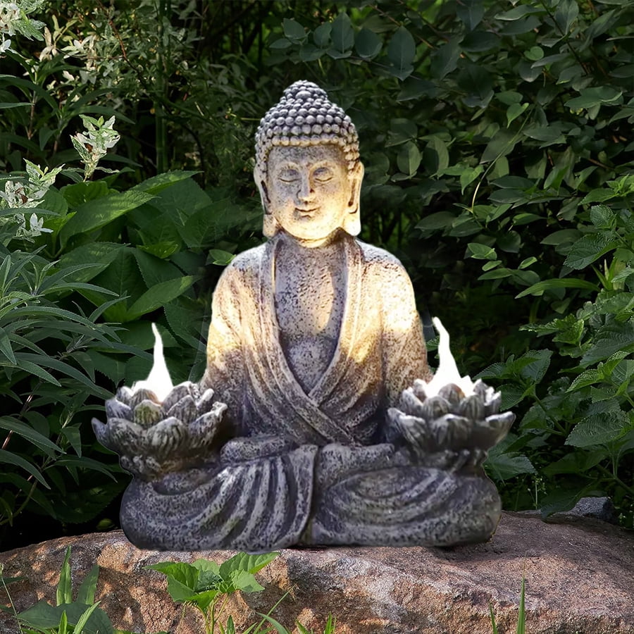 Meditating Buddha Garden Statue, Solar-Powered Lotus Lantern, Resin ...
