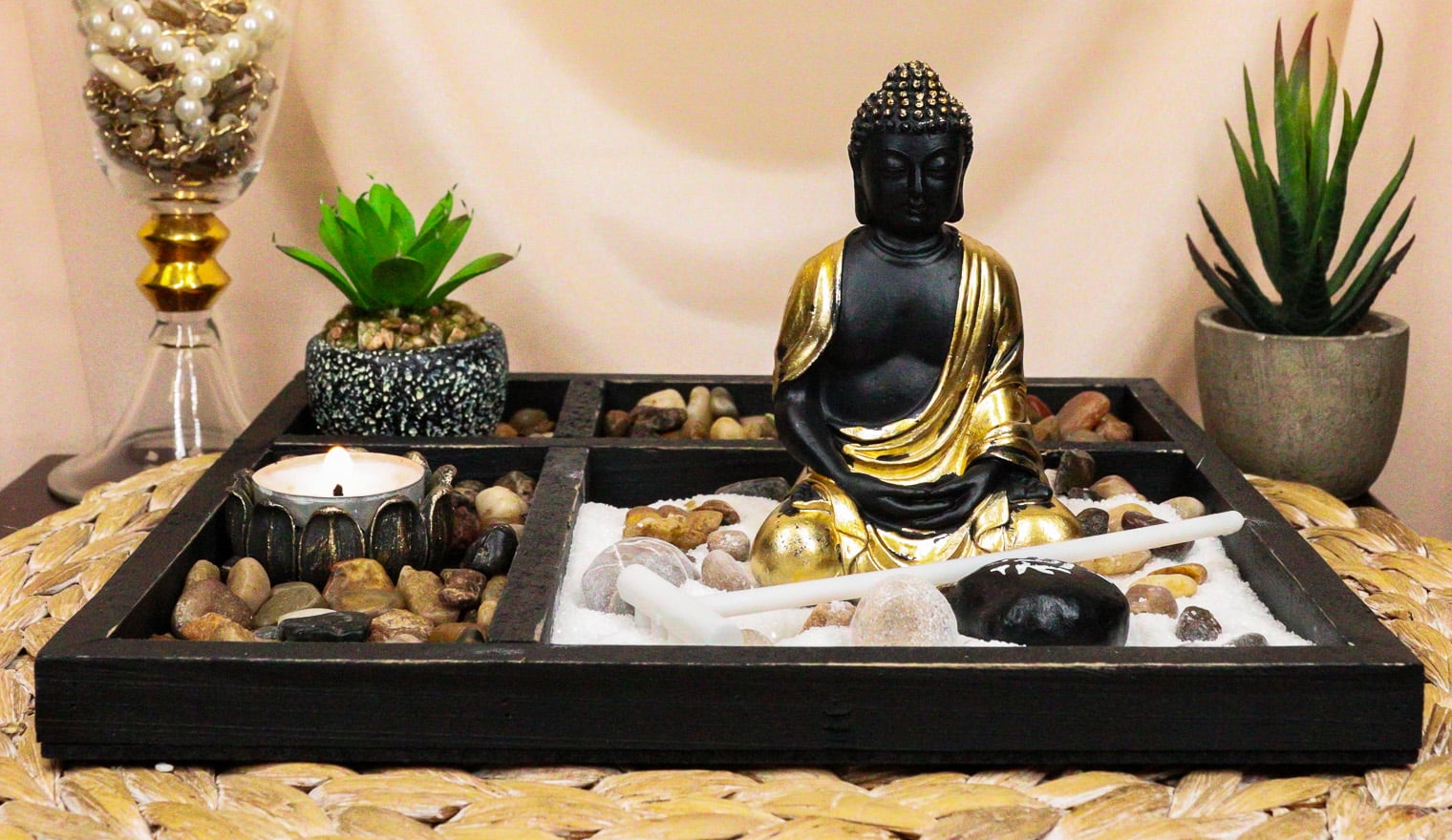 Meditating Buddha Zen Garden Kit With Lotus Candle Holders Sand Rake ...