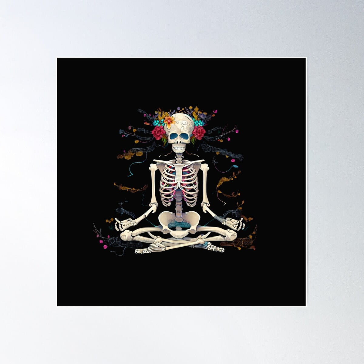 Meditating Skeleton With Flowers And Energy Flowing Around Poster Wall ...