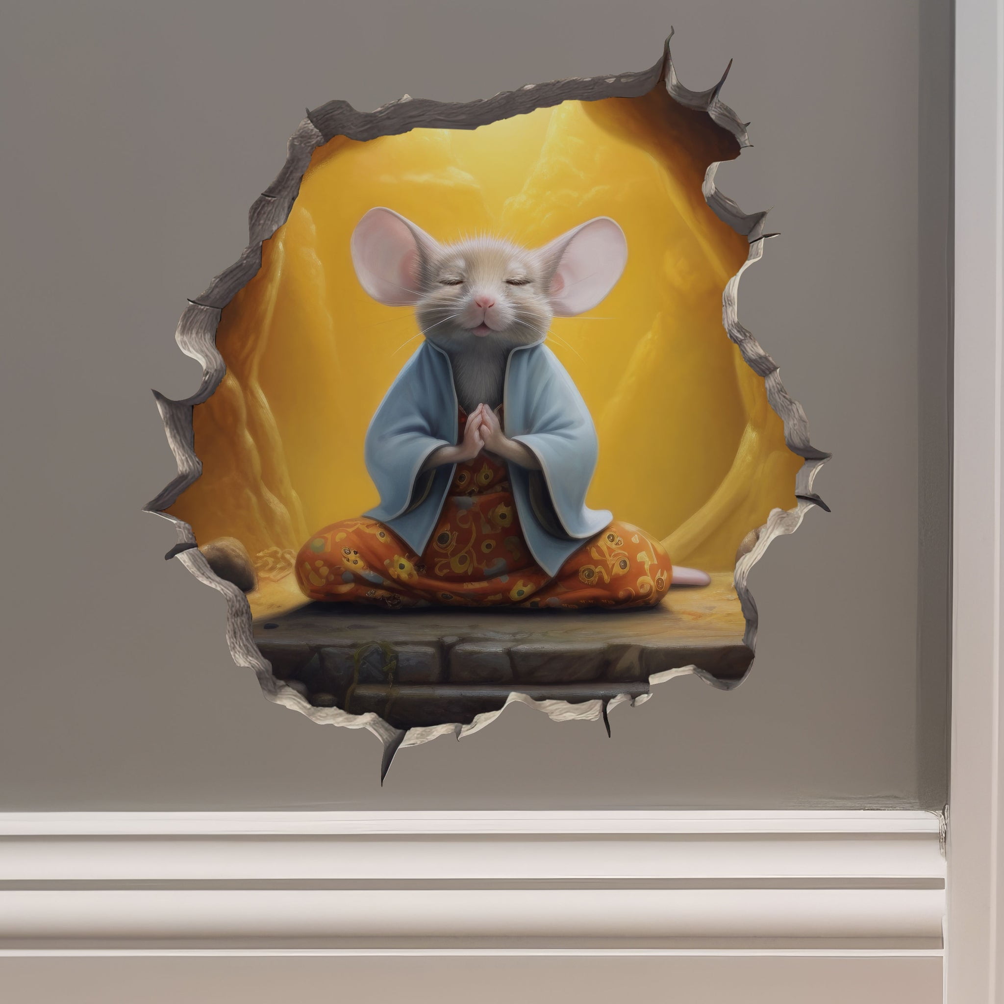 Meditating Yoga Mouse in Mouse Hole Decal - Mouse Hole 3D Wall Sticker ...