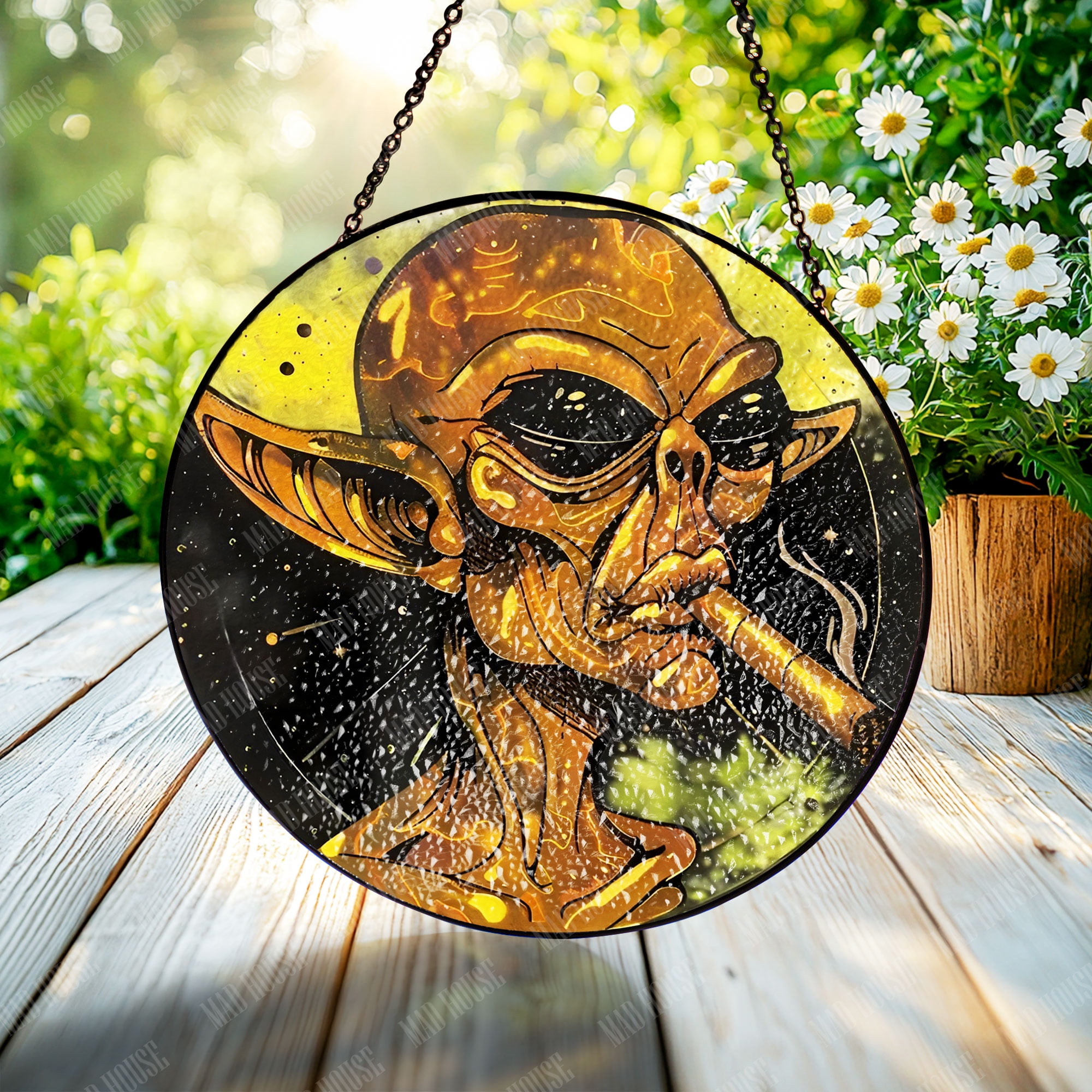 Meditating alien stained glass,Car Hanging , cosmic extraterrestrial ...
