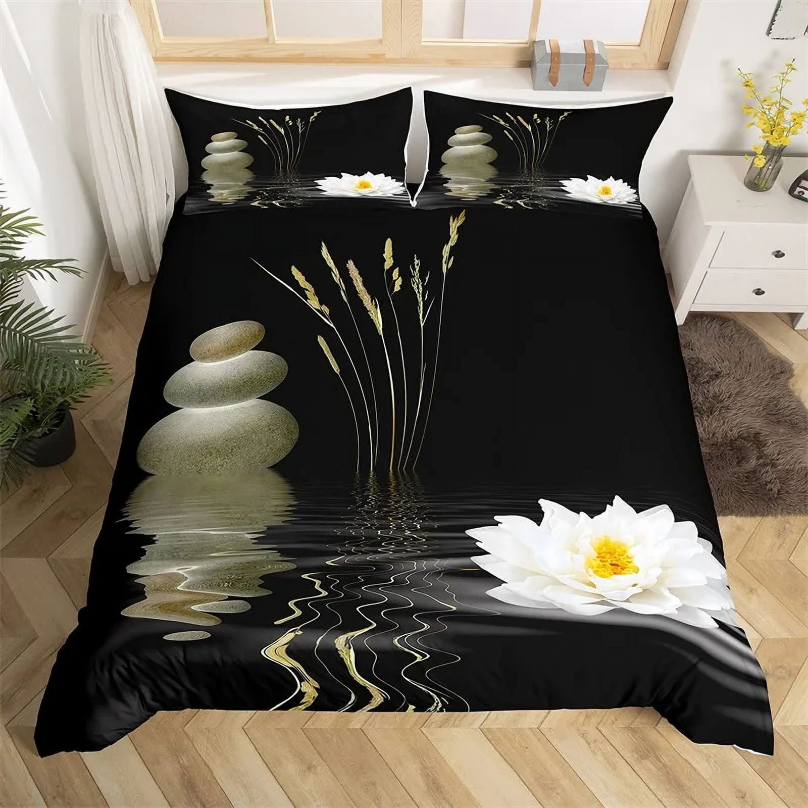 Meditation Duvet Cover Nature Green Bamboo Lotus Flower Bedding Set ...