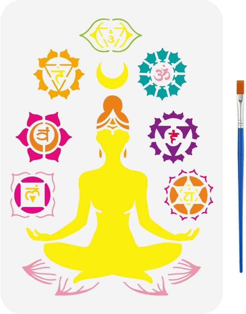 Meditation Stencil with 1 Pc Plastic Paint Brush 8.3x11.7inch Plastic Yoga Meditation for ...