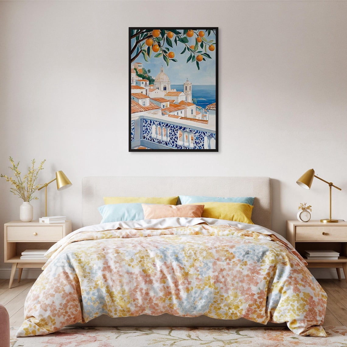 Mediterranean Balcony View Art Poster Orange Tree Rooftop With Sea ...