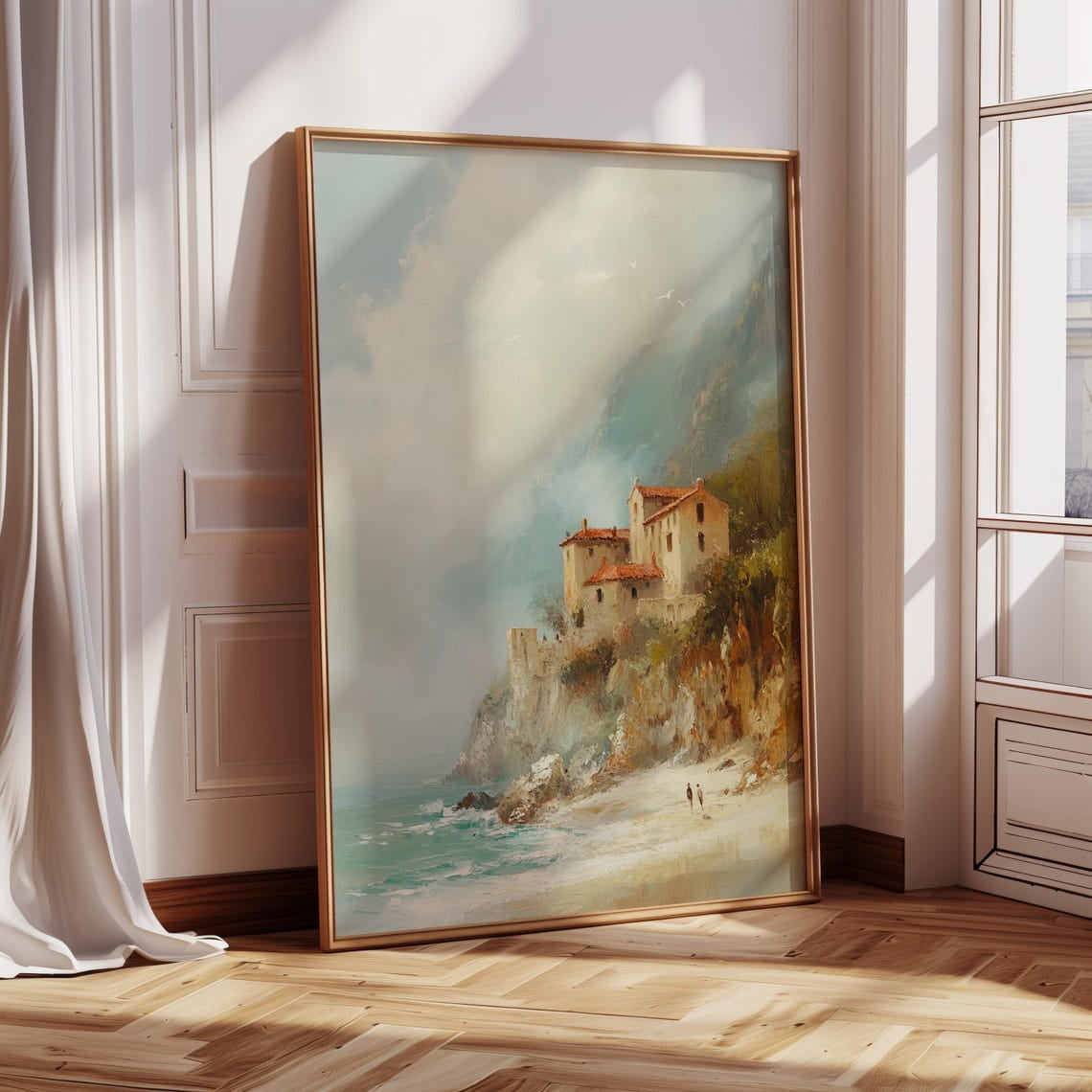 Mediterranean Cliffside Village Coastal Seascape With Vintage Villa And ...