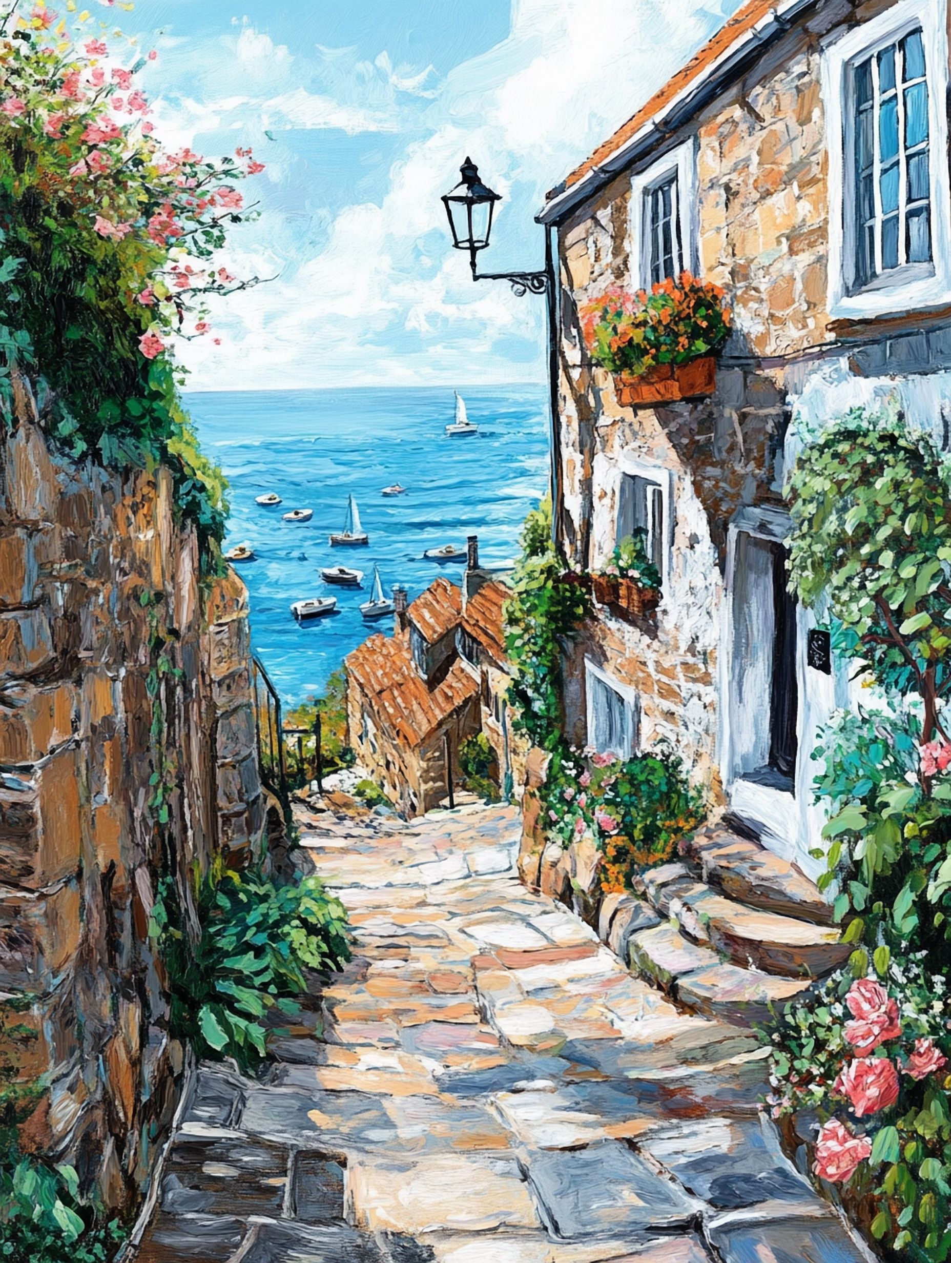 Mediterranean Coastal Town Stone Steps Canvas Print Wall Art， Perfect ...