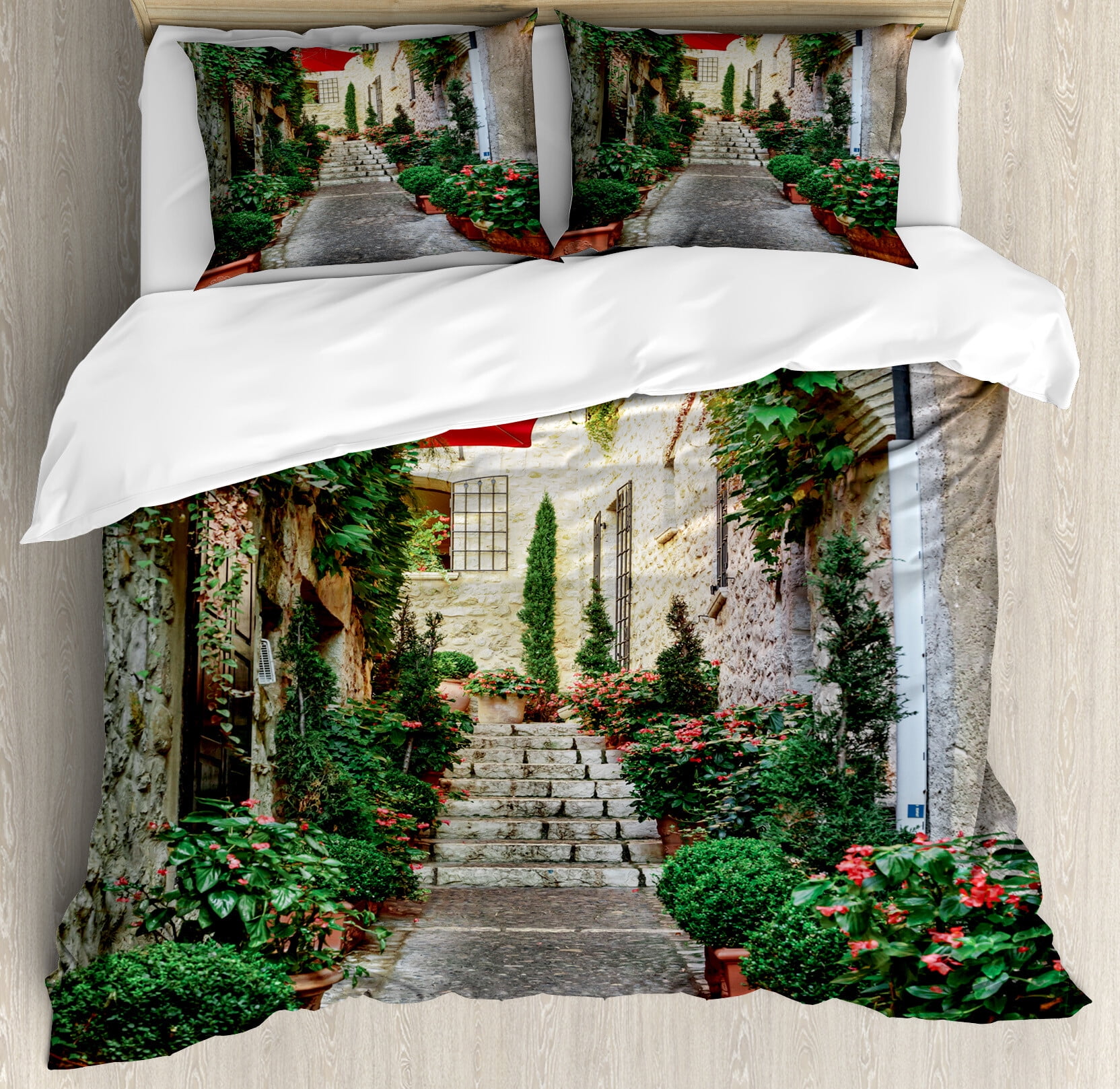 Mediterranean Duvet Cover Set, Narrow Street with Flowers Rural Wine ...