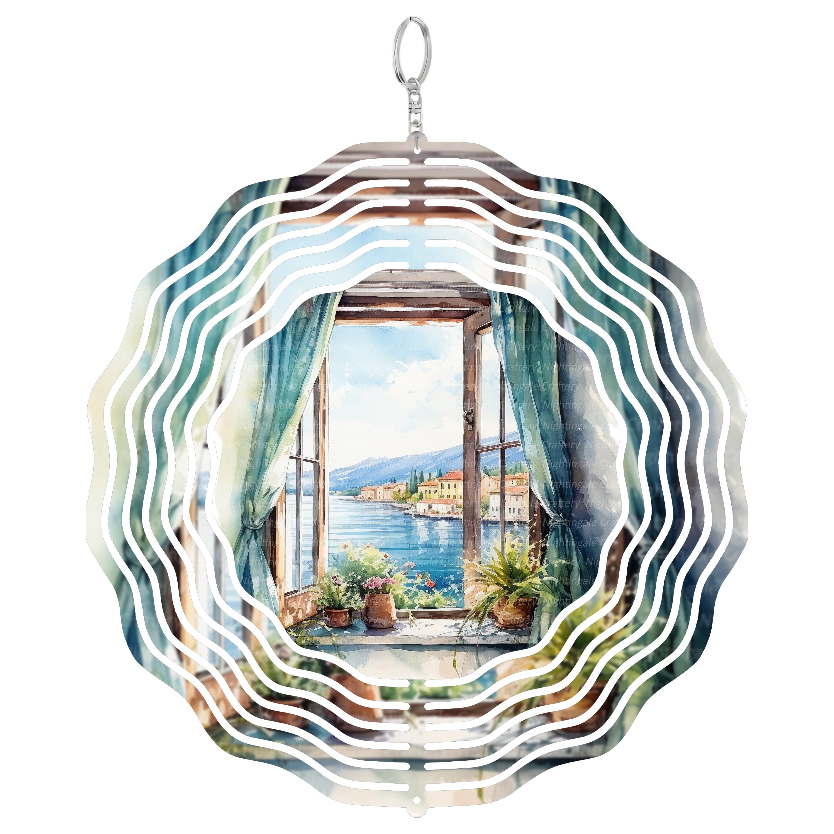 Mediterranean Lake Window View 3D Wind Spinner Metal Kinetic Art Summer ...