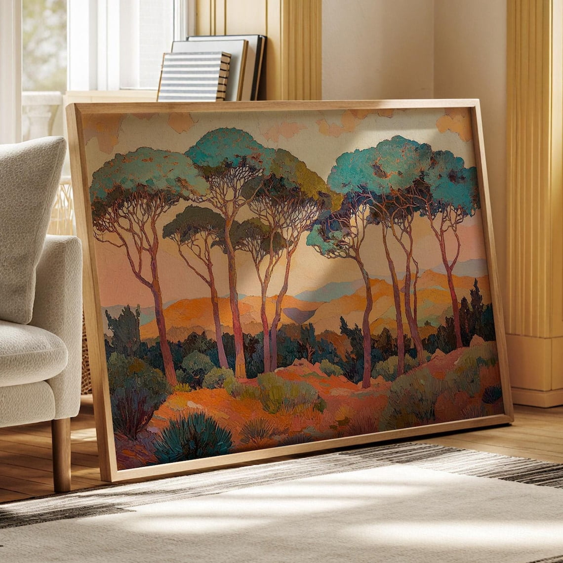 Mediterranean Landscape Painting With Sunset Trees – Impressionist Wall ...