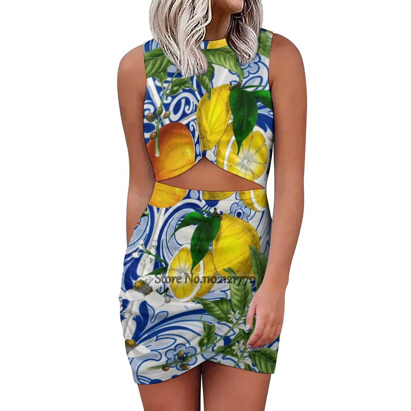 Mediterranean Lemon On Blue Ceramic Tiles Back Lacing Backless Dress ...
