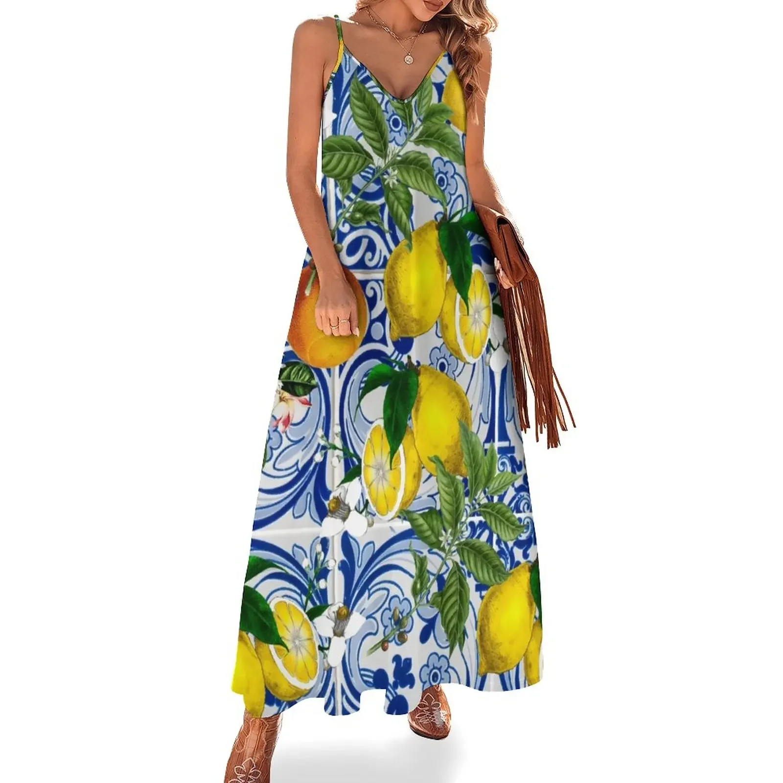 Mediterranean Lemon on Blue Ceramic Tiles Sleeveless Dress summer dress ...