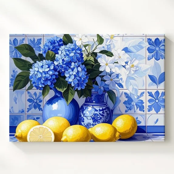 Mediterranean Lemons & Hydrangeas Posterstill-Life Blue And White Art ...