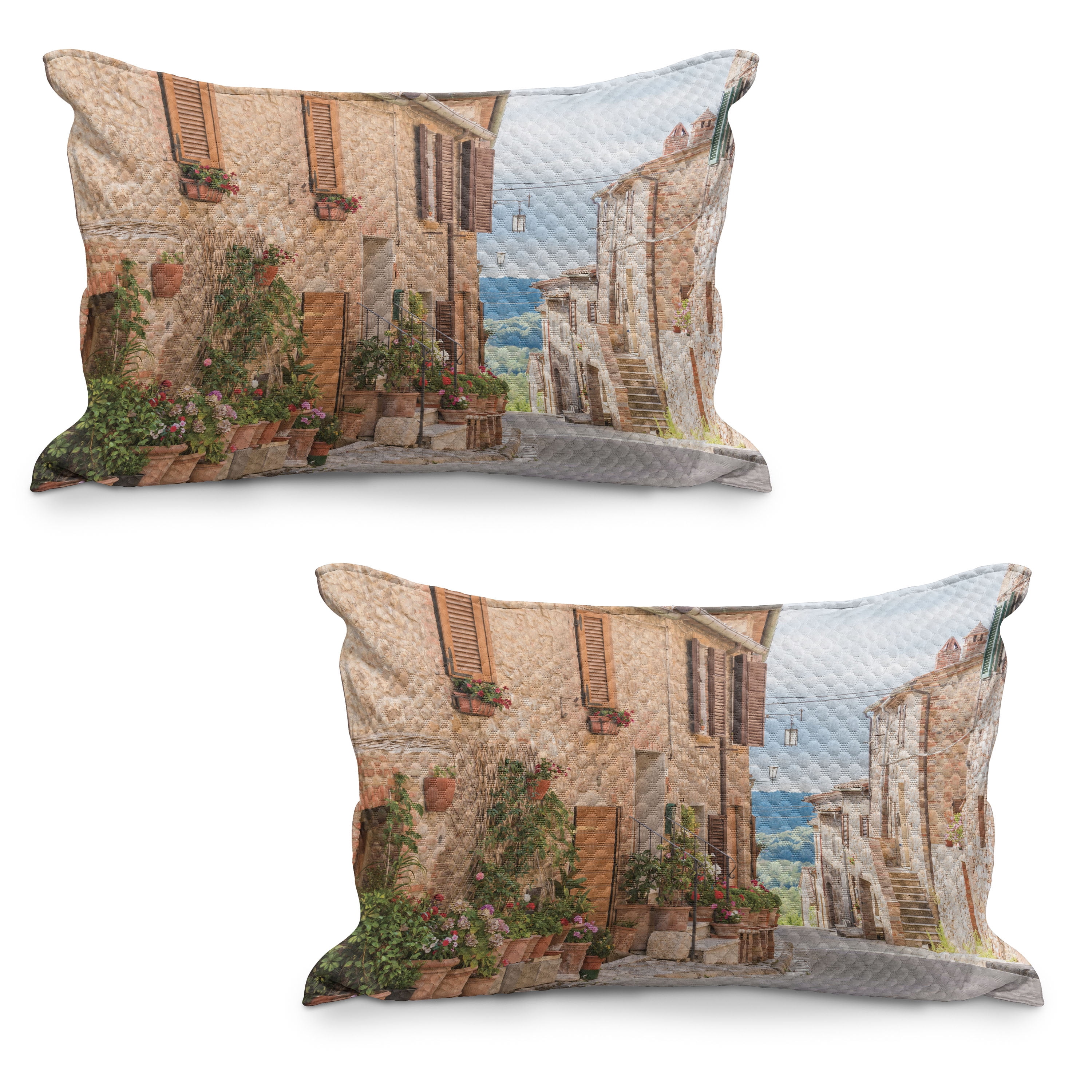 Mediterranean Quilted Pillowcover Set of 2, Medieval Old Town in ...